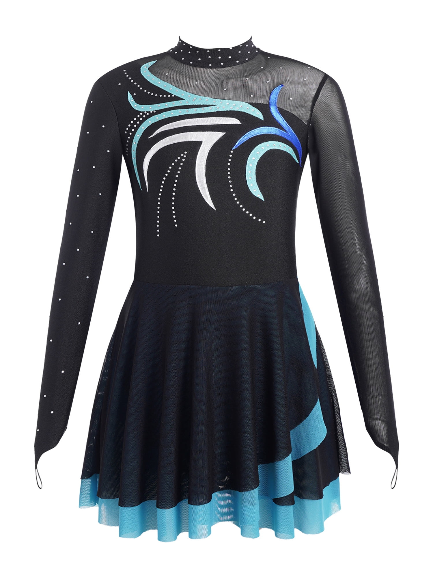 IEFIEL Kids Girls Mesh Rhinestones Skating Dress Mock Neck Long Sleeve ...