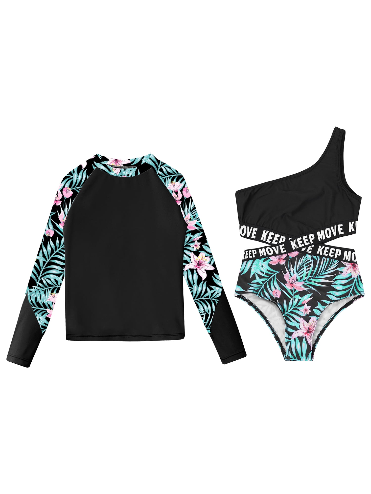 IEFIEL Kids Girls One Piece Swimsuit with Swim Shirt Palm Tree Printed ...