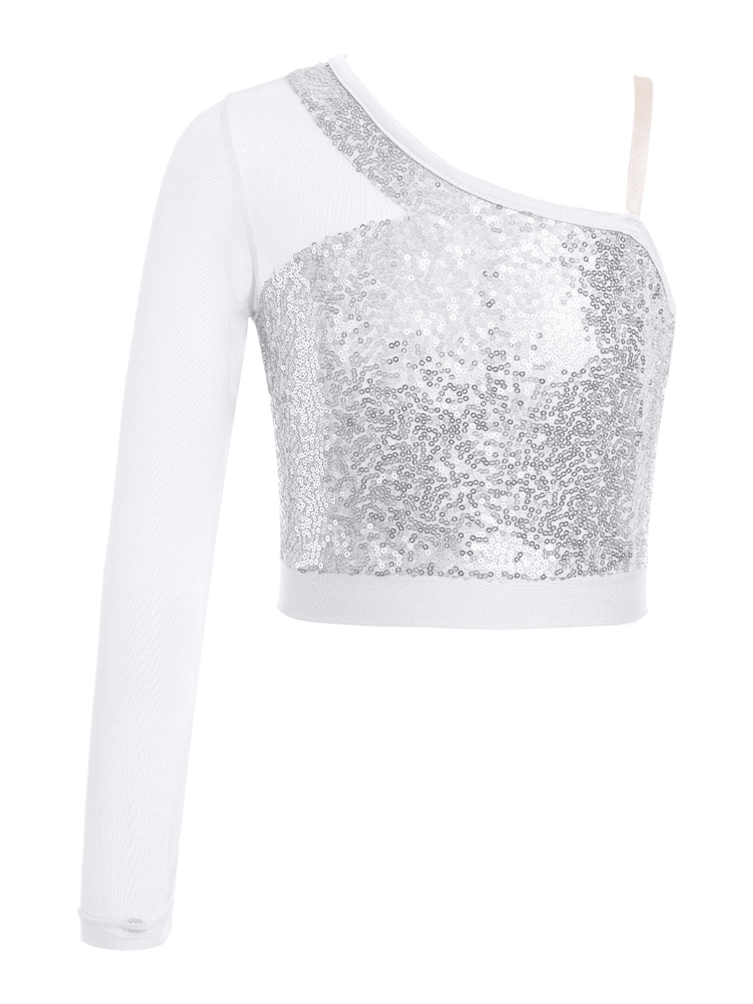 IEFIEL Kids Girls Sequins One Shoulder Jazz Dance Crop Top Mesh Sleeve ...