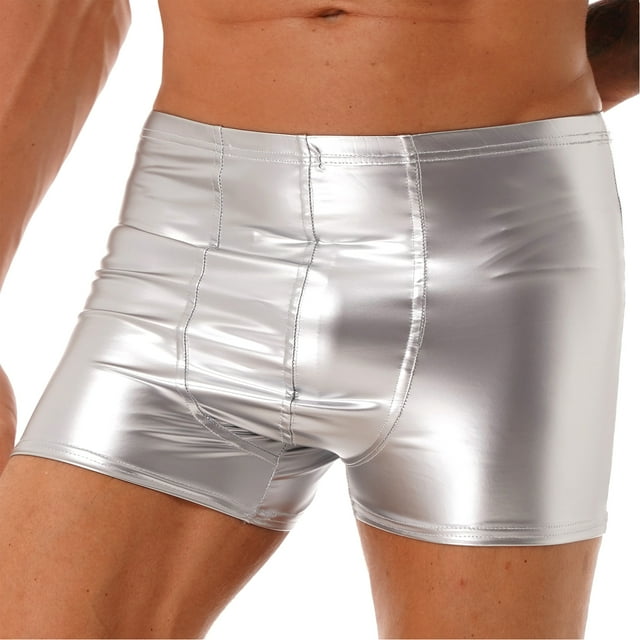 Iefiel Mens Glossy Boxers Wet Look Patent Leather Shorts Bulge Pouch