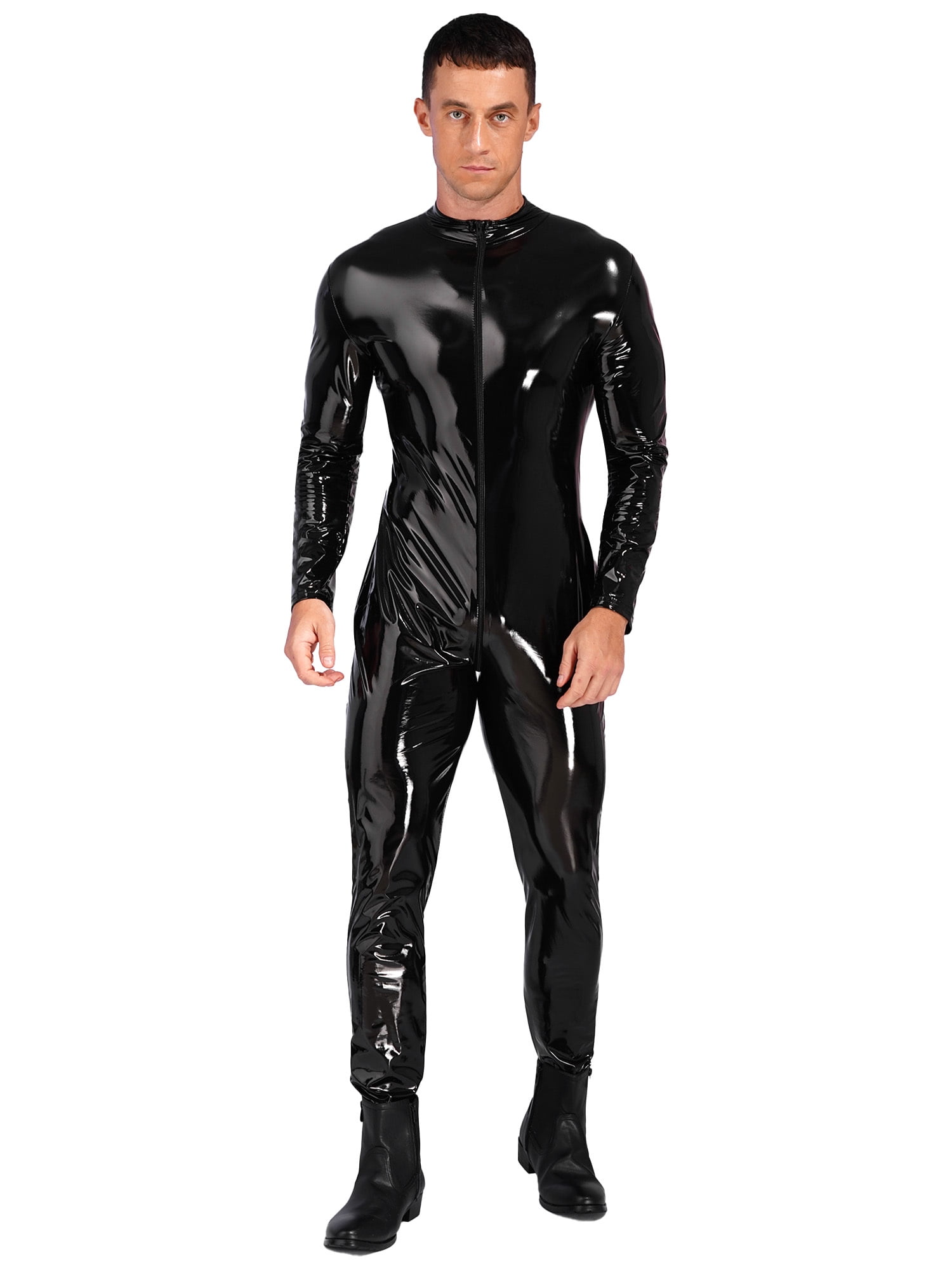 IEFIEL Mens Metallic PVC Leather Full Body Zentai Zipper Crotch Catsuit ...