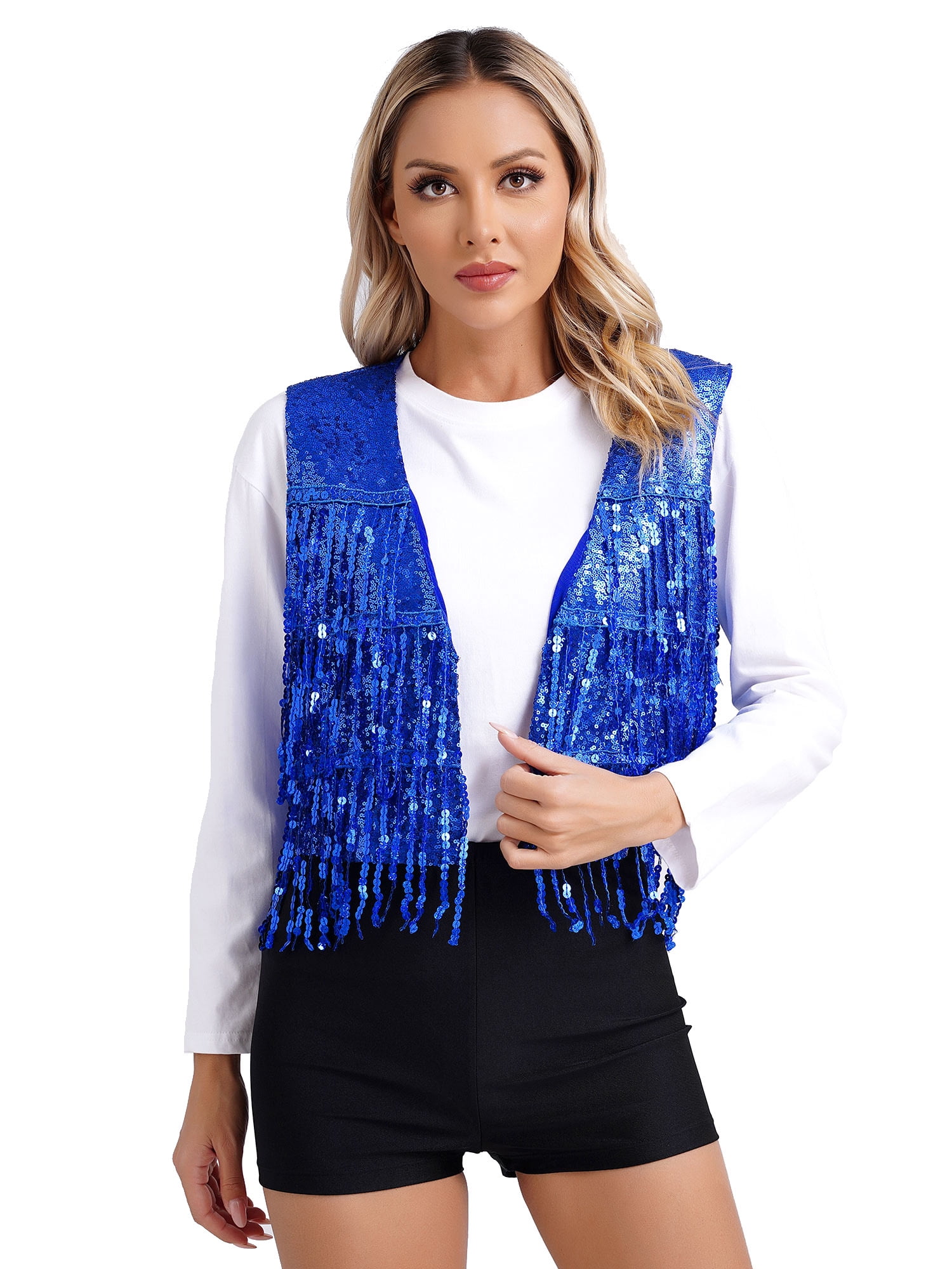 IEFIEL Womens Allover Sequin Dance Tops Glittery Tassels Music Festival ...