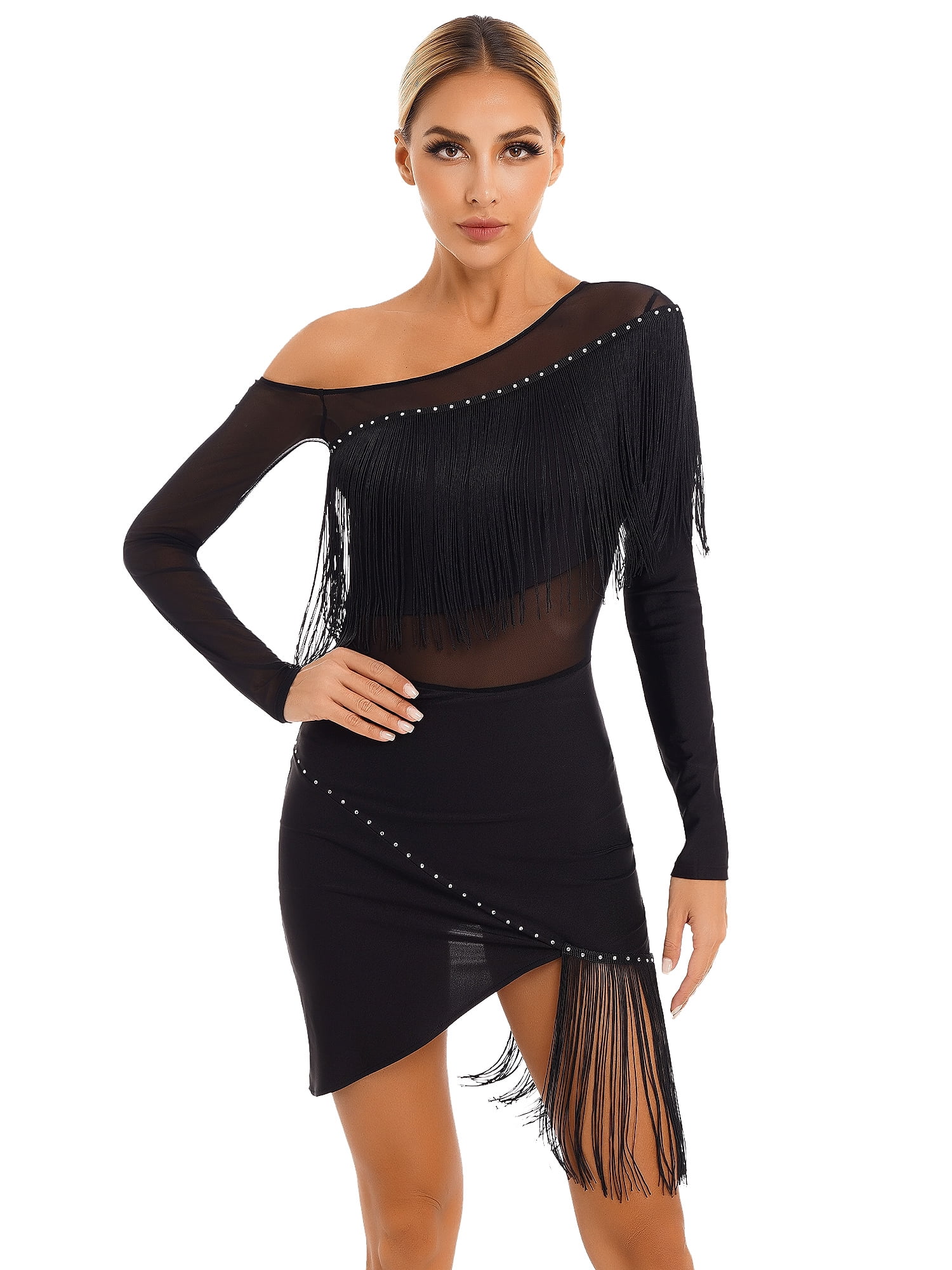 IEFIEL Womens Latin Dance Dress Oblique Shoulder Fringed Dress Ballroom ...