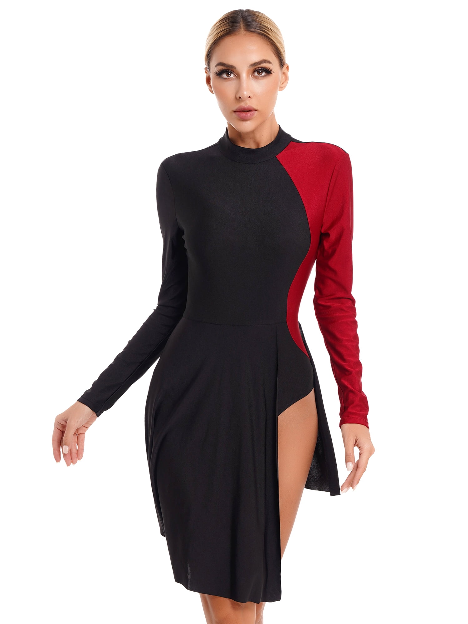 IEFIEL Womens Long Sleeve Side Split Asymmetrical Dance Dress Contrast ...