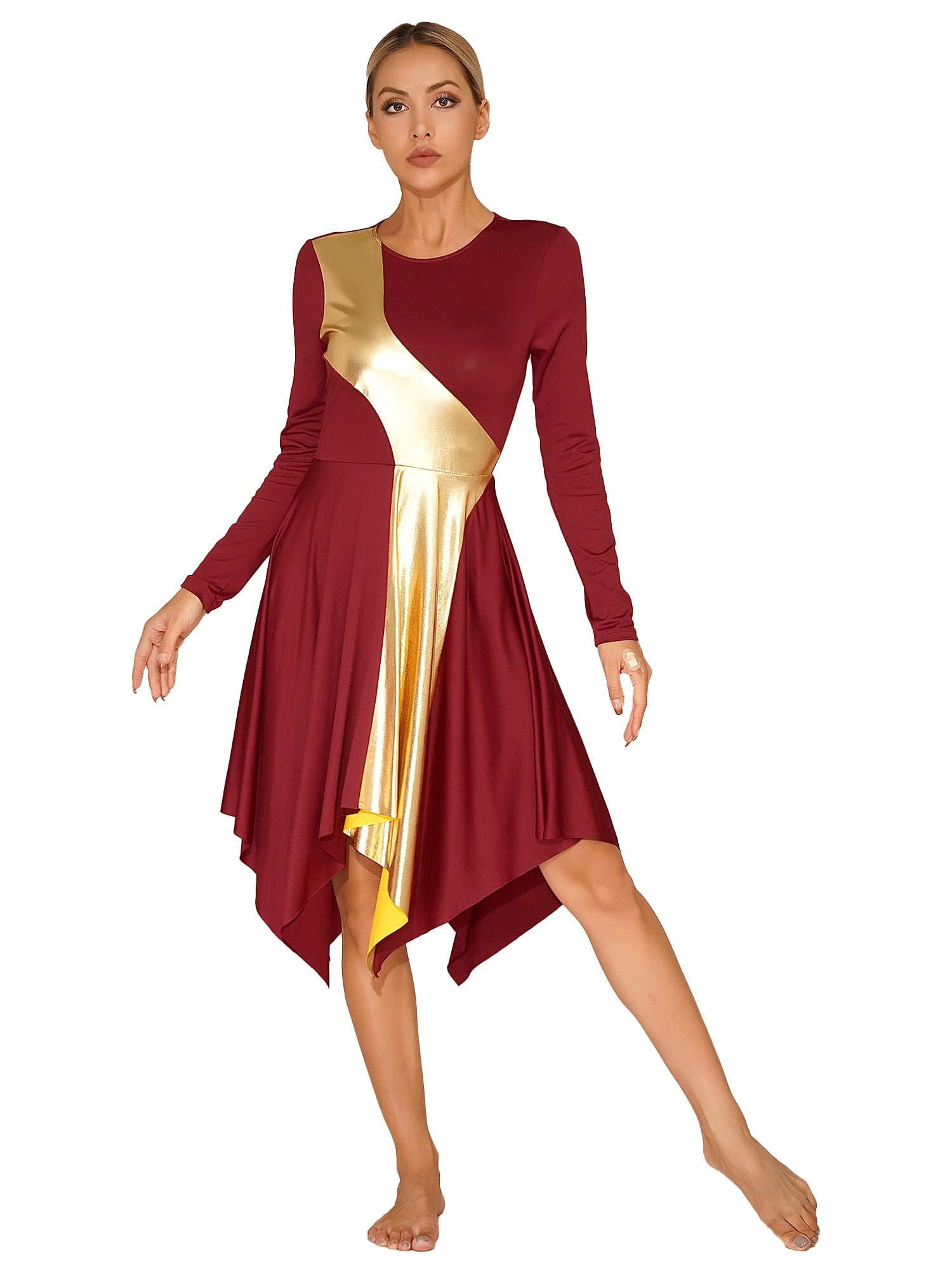 IEFIEL Womens Metallic Flared Dance Dress Long Sleeve Asymmetrical ...