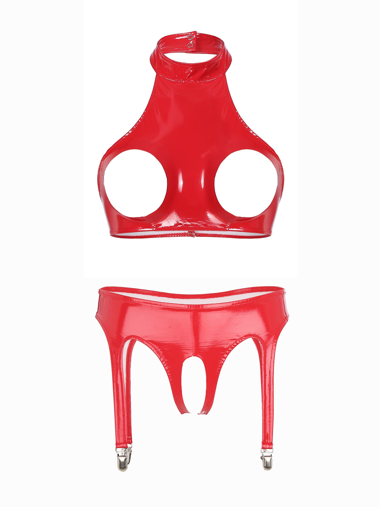 IEFIEL Womens Patent Leather Exotic Lingerie Set Open Cups Bra with ...