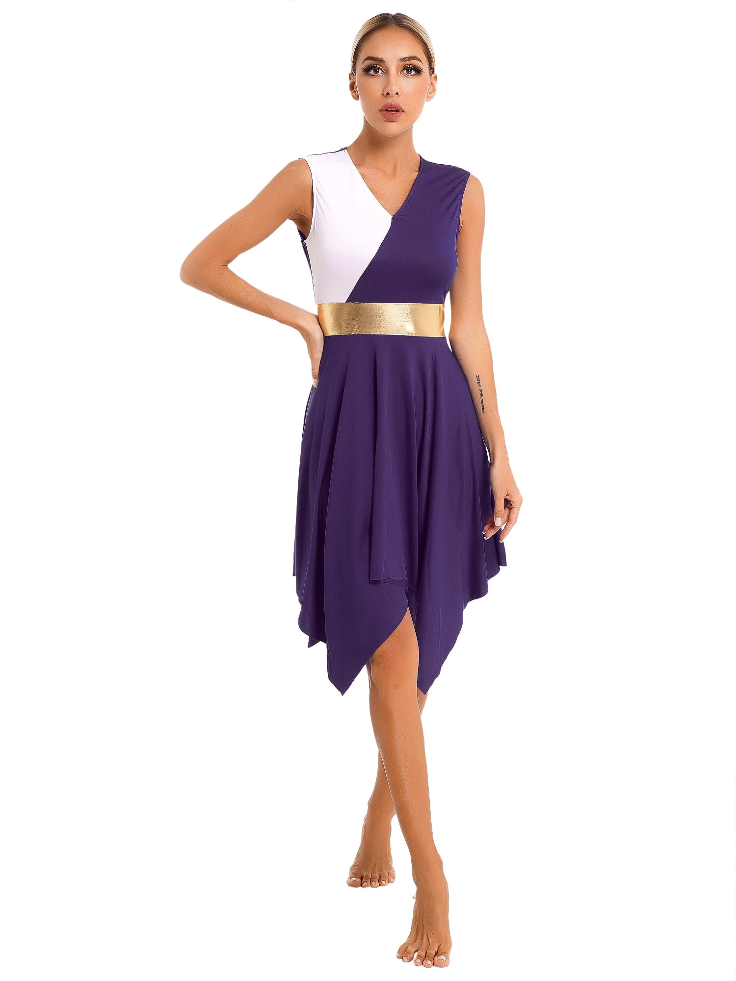IEFIEL Womens V Neck Metallic Waistline Liturgical Praise Dance Dress ...