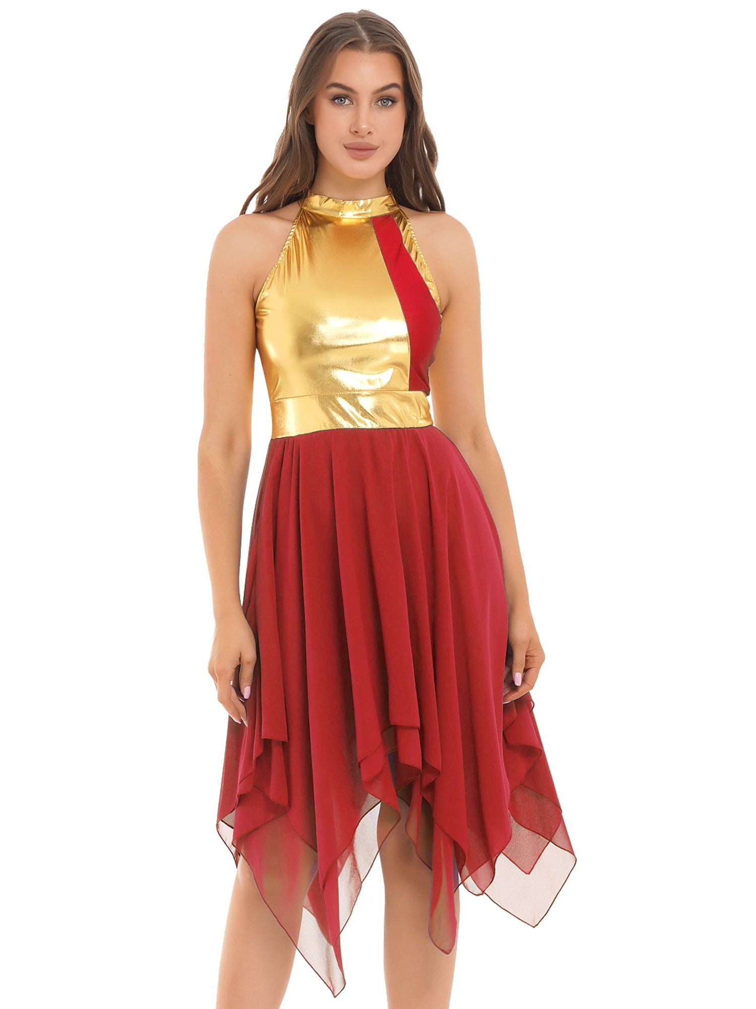 IEFIEL Womens V Neck Metallic Waistline Liturgical Praise Dance Dress ...