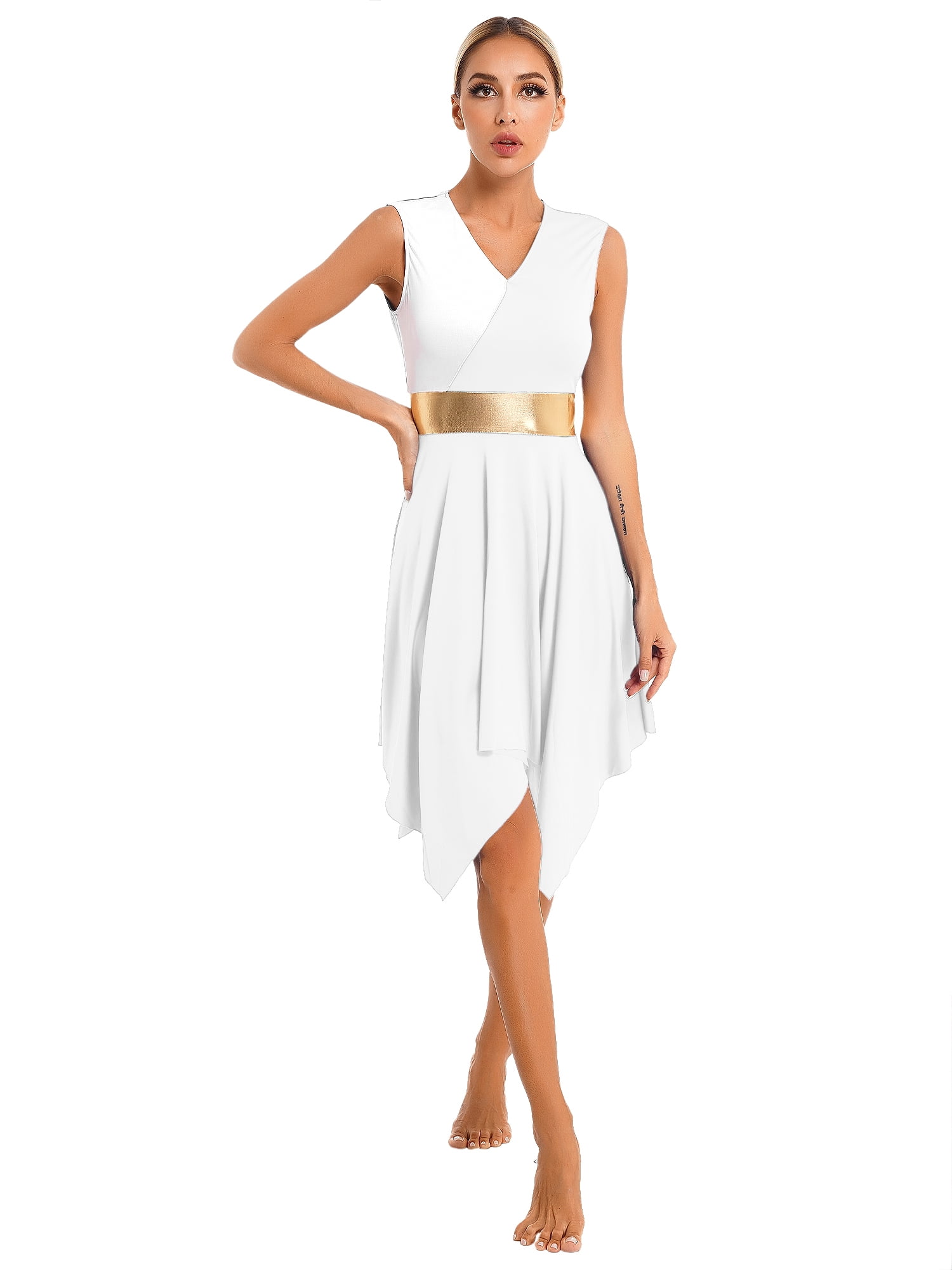 IEFIEL Womens V Neck Metallic Waistline Liturgical Praise Dance Dress ...