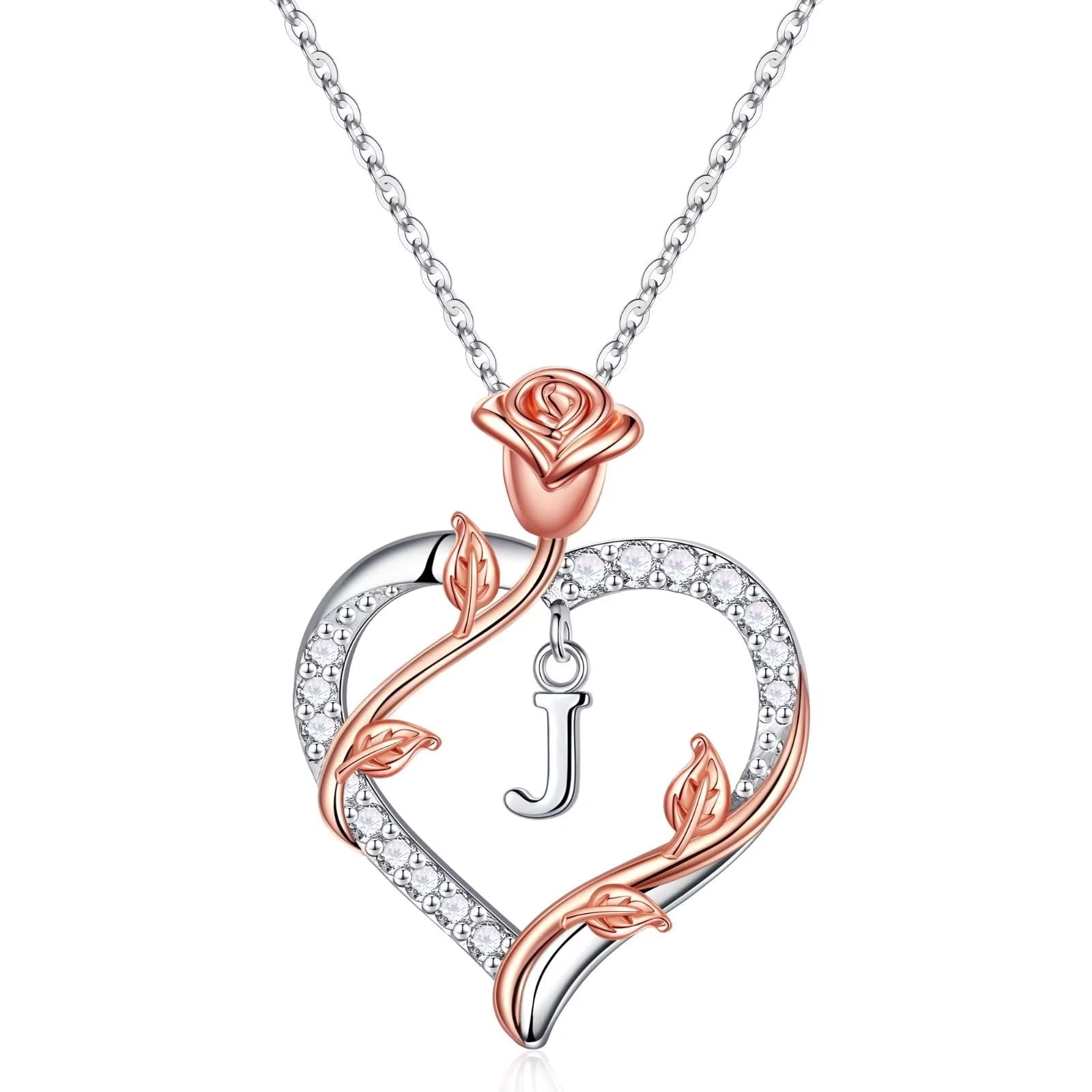 IEFSHINY Rose Flower Heart Initial Necklace Gifts for Women Heart ...