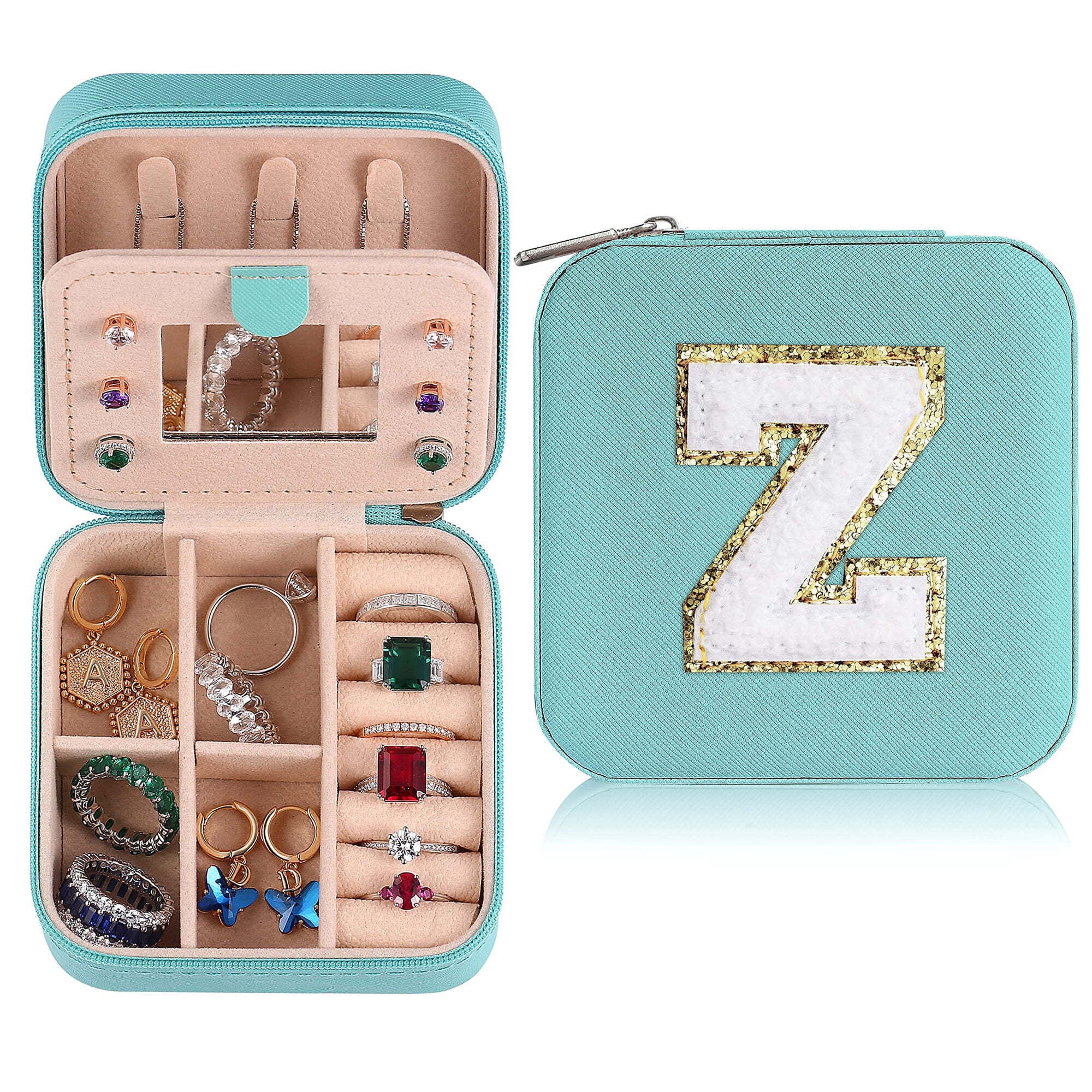 IEFSHINY Small Jewelry Box for Girls, Travel Initial Jewelry Organizer ...