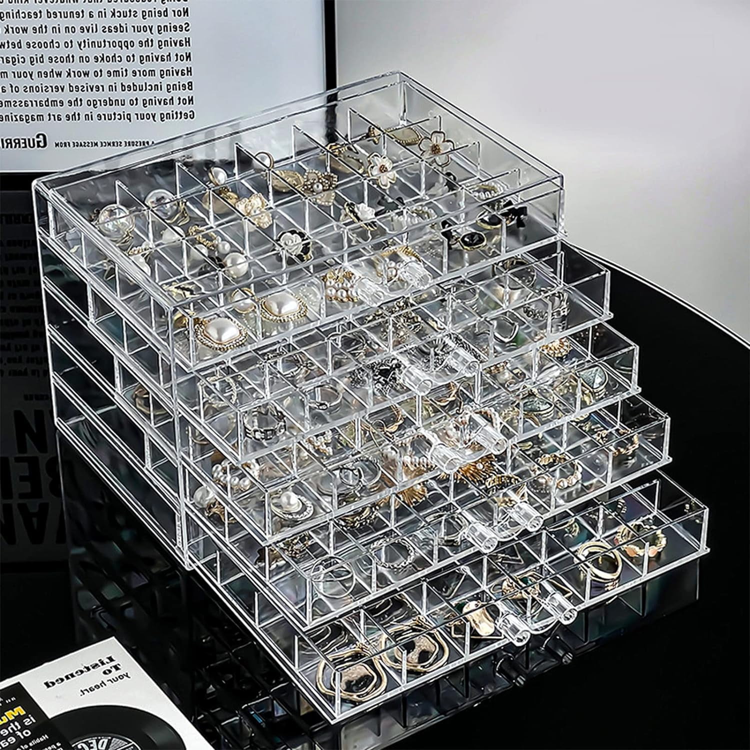 IEMIEBSHA Acrylic Jewelry Box, 5 Drawers, 120 Grids, Clear Display Case ...