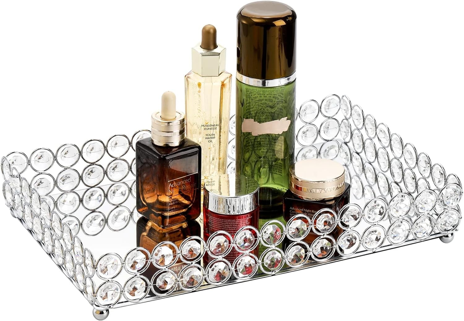 IEMIEBSHA Crystal Cosmetic Makeup Tray, 12.3" x 8" Mirrored Vanity Tray ...