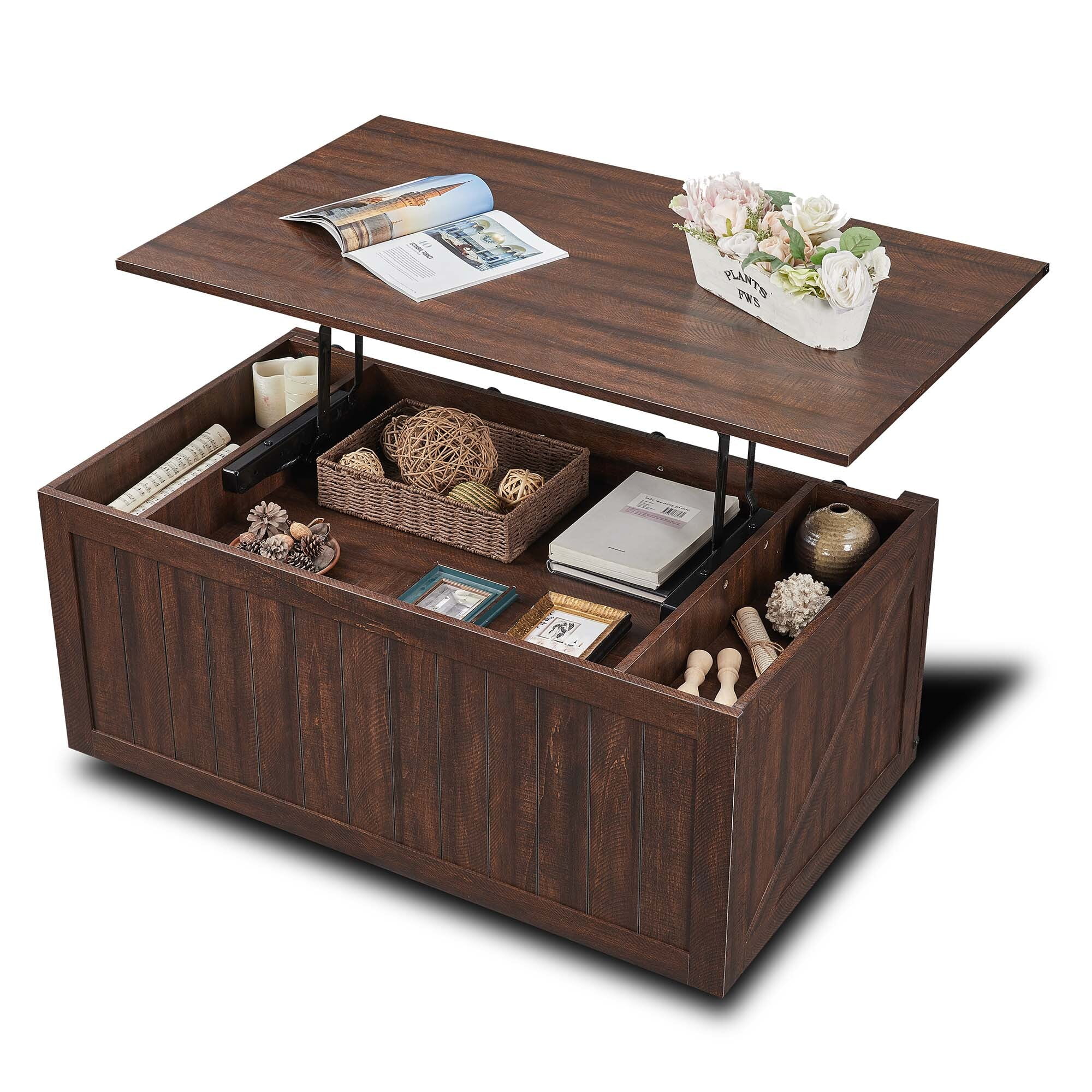 IFGET Farmhouse Lift Top Coffee Table with Double Storage Spaces for Living Room, Sliding Groove ...