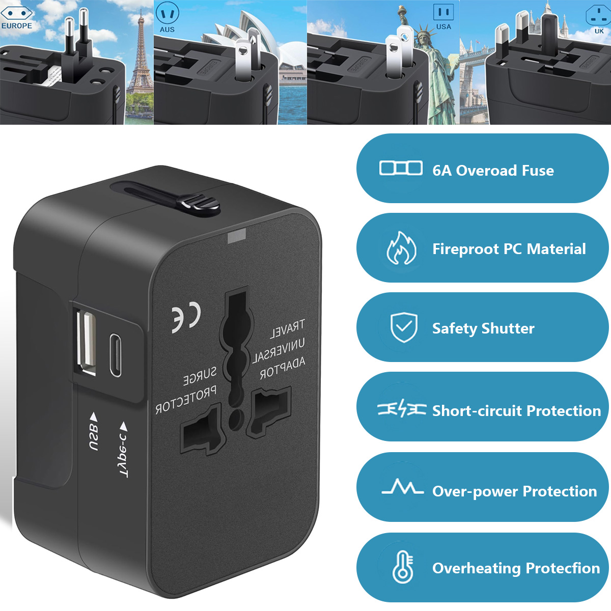 IFCOW All-In-One Universal Power Adapter with USB-C and USB-A Charging ...