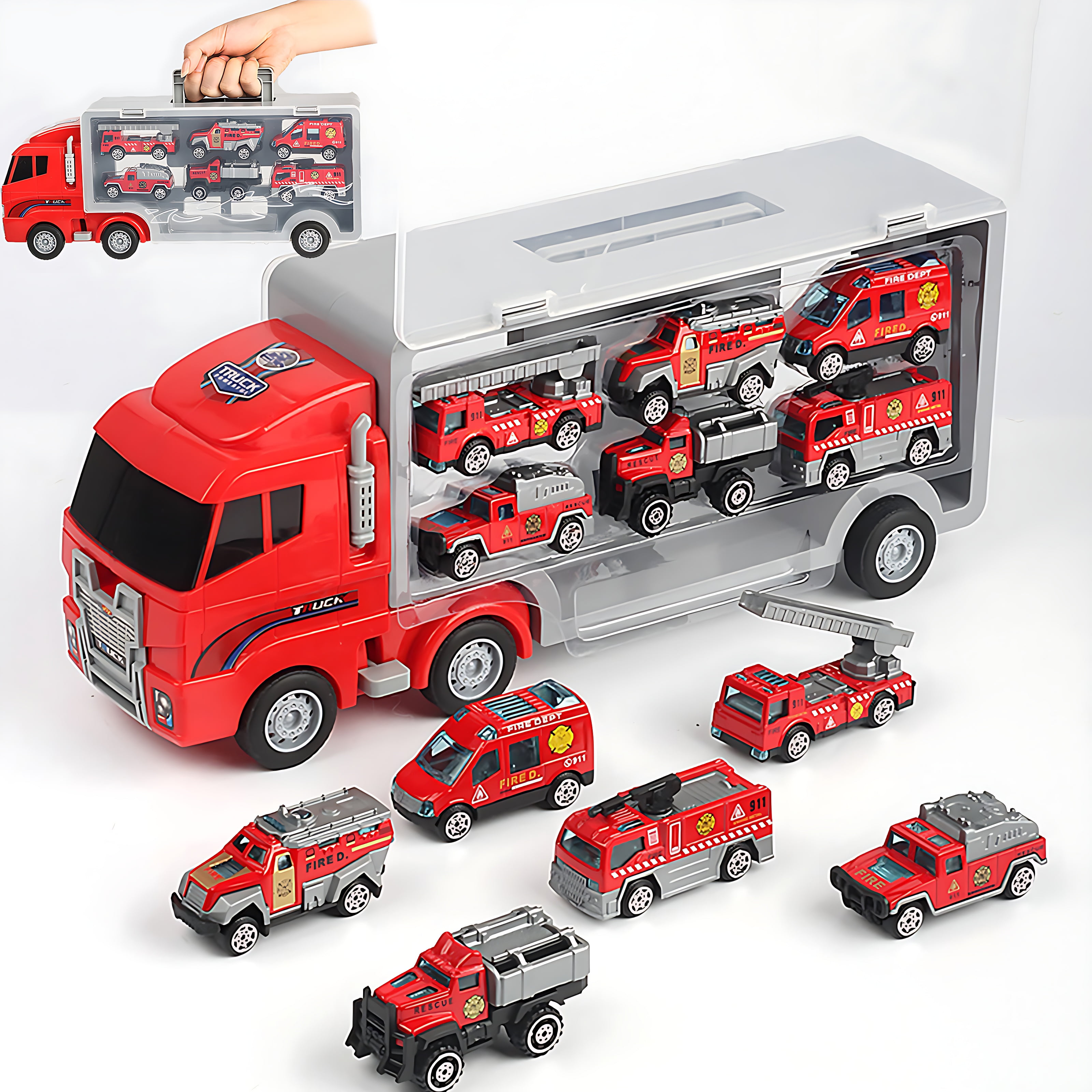 IFCOW Fire Truck Toy Set, 16" Transport Fire Truck Carrier, Die-cast ...