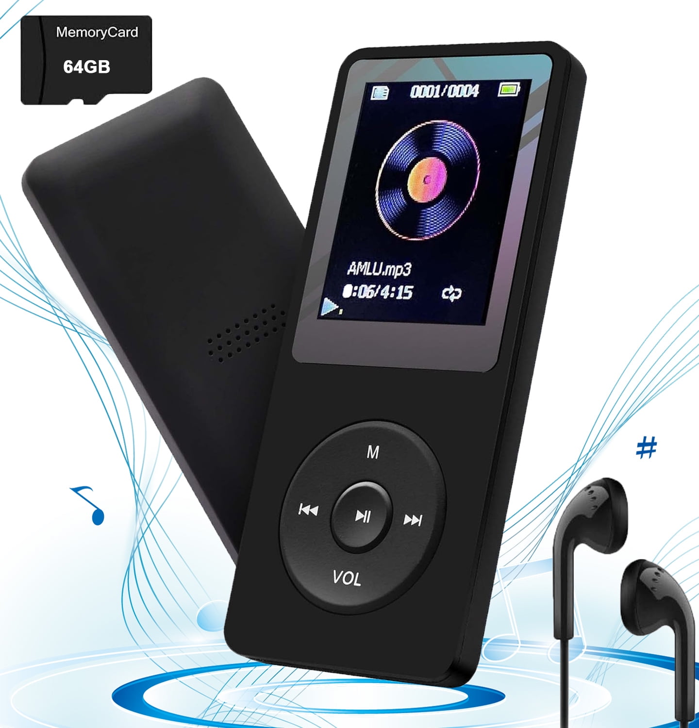 IFCOW Bluetooth MP3 Player with 64GB SD Card, FM Radio, Voice Recorder ...