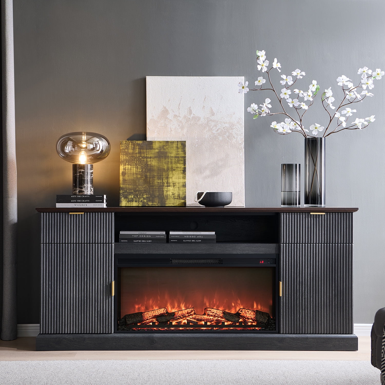 IFGET 80" Fluted Fireplace TV Stand with 36" Electric Fireplace, Modern ...