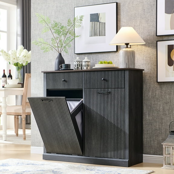 Double 10 Gallon Trash Can Cabinet with Outlet, Kitchen Garbage Can ...