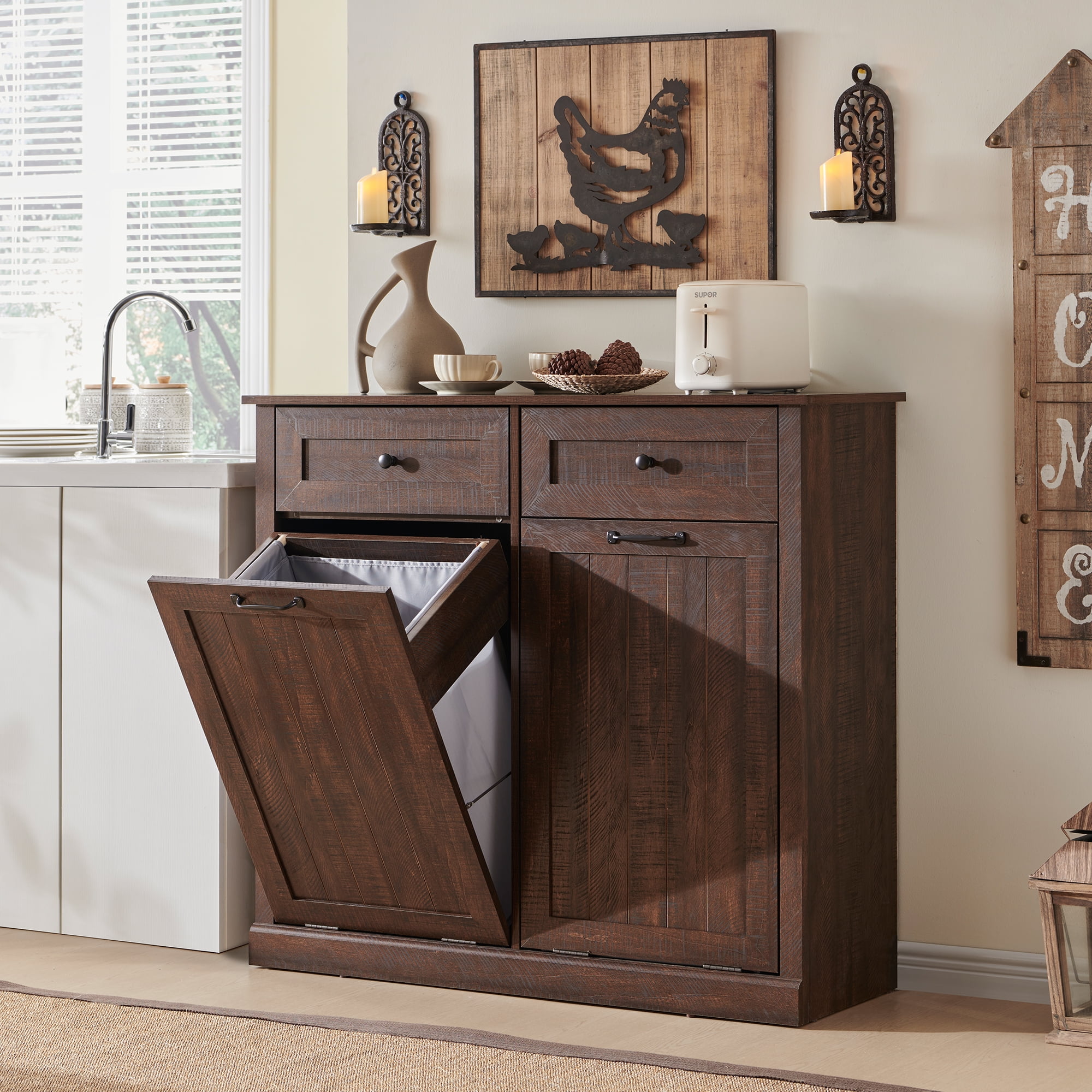 IFGET Double Tilt Out Trash Cabinet, Farmhouse Laundry Hamper Cabinet ...