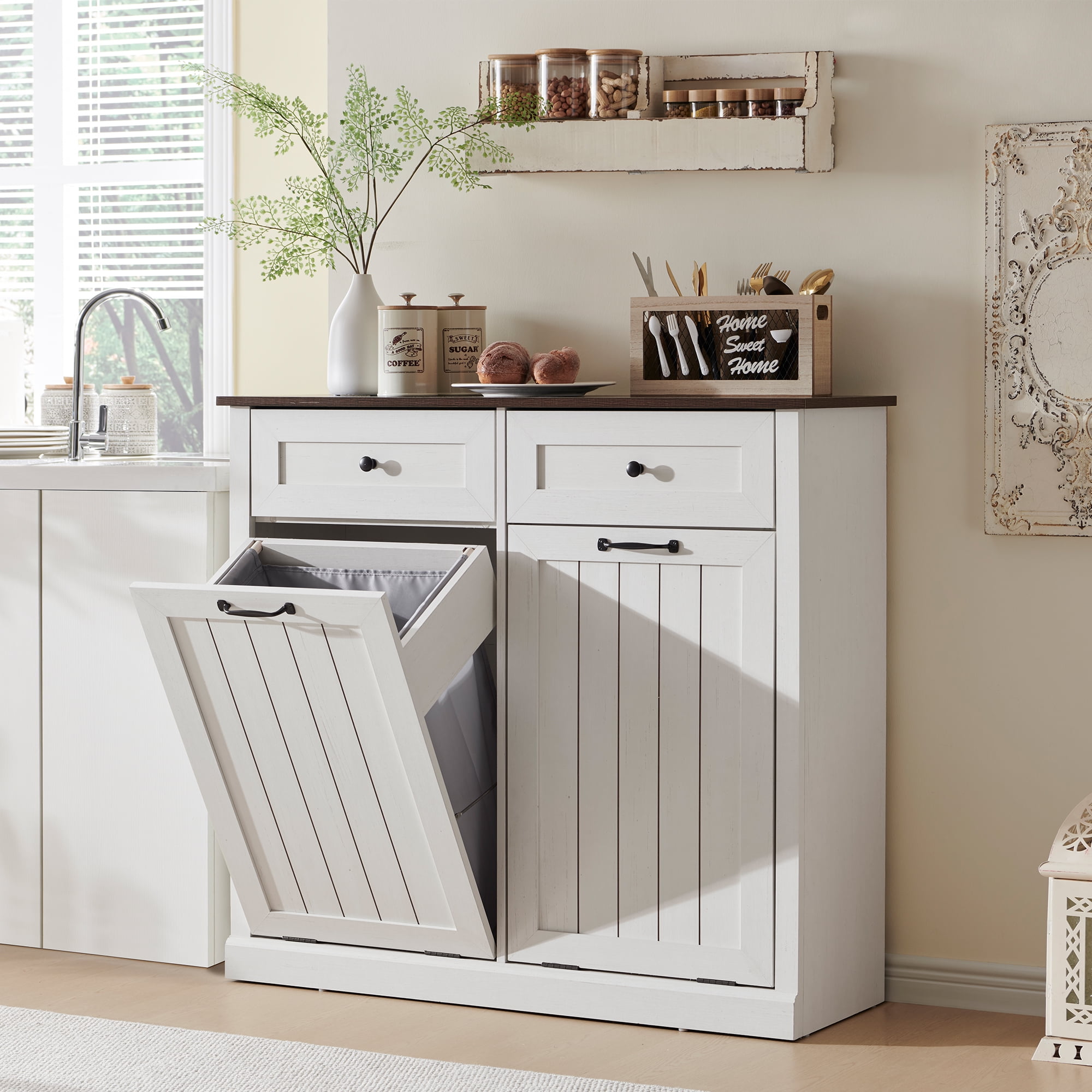 IFGET Double Tilt Out Trash Cabinet, Farmhouse Laundry Hamper Cabinet ...