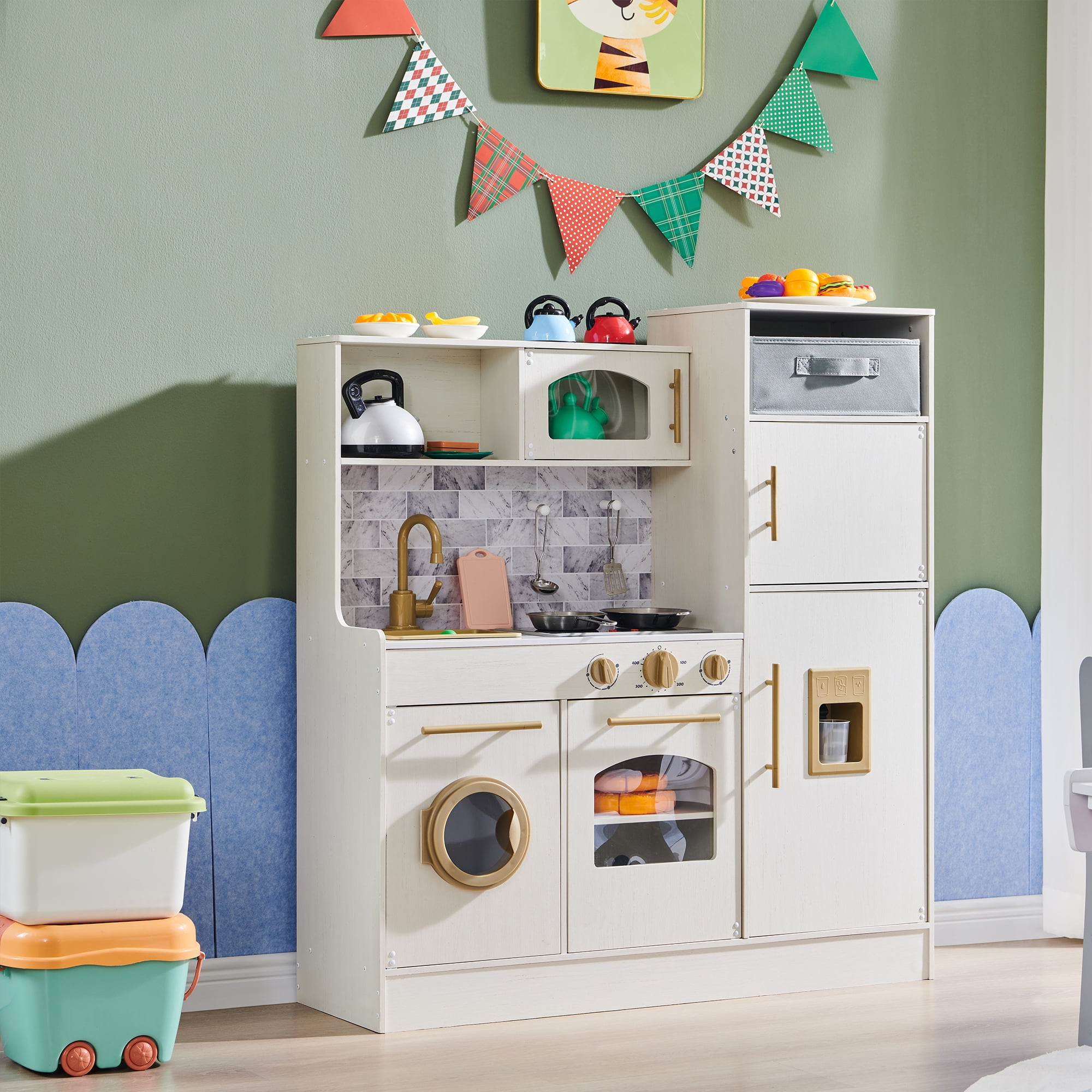 IFGET Play Kitchen Set for Kids, Wooden Toy Play Kitchen w/ Realistic ...