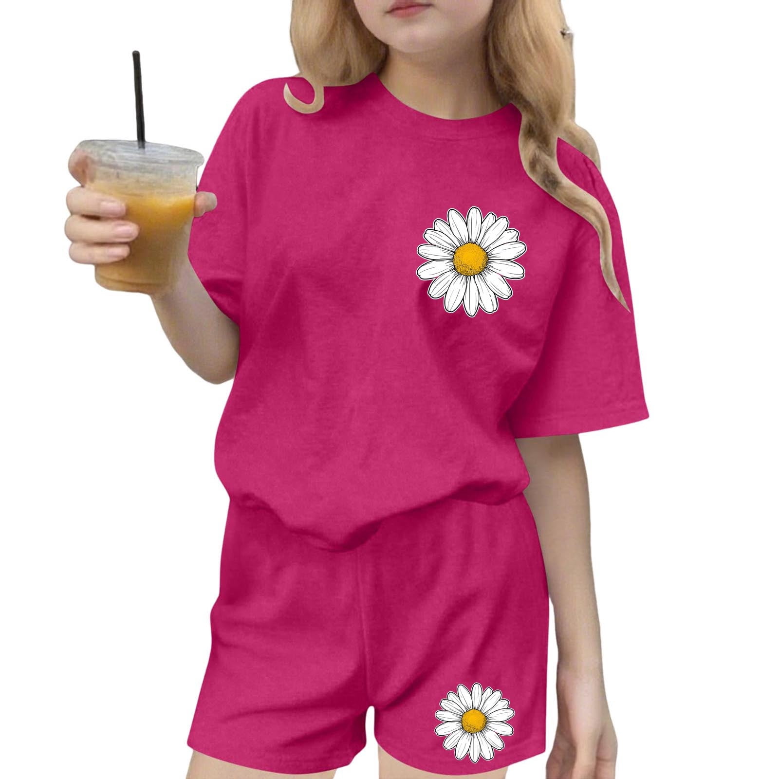 IFNWSV Girls 2 Piece Outfits Short Sleeve Round Neck Fashion Print ...