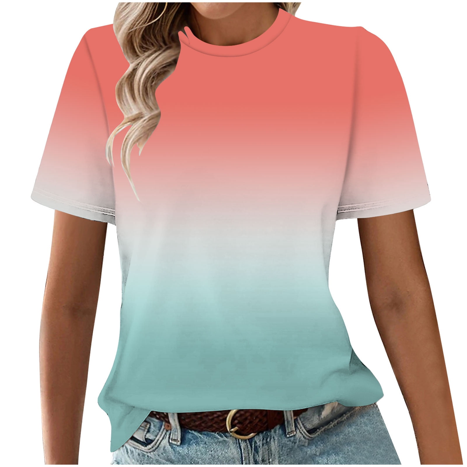 IFNWSV Summer Tops for Women Short Sleeve Gradient Color Print Round ...