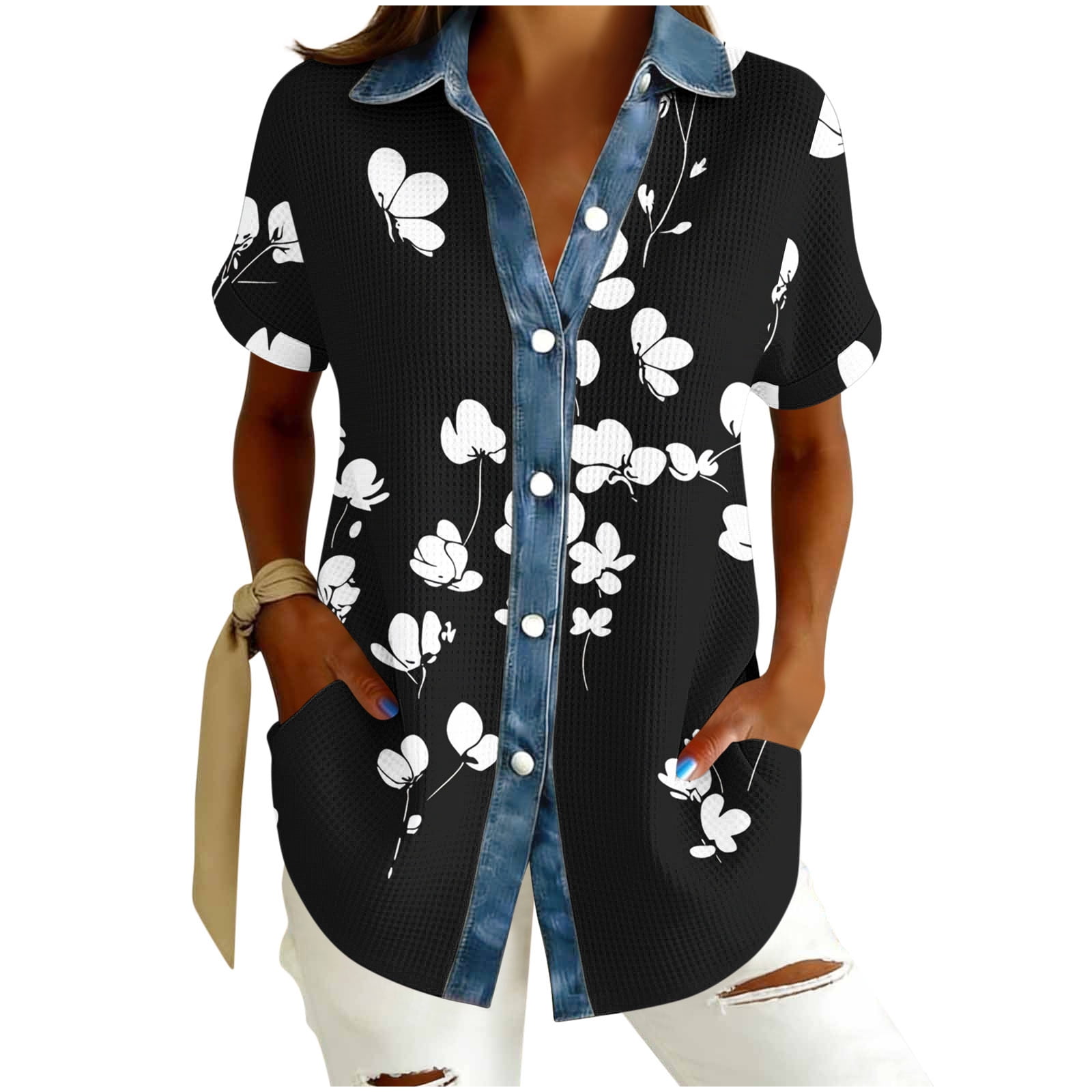 IFNWSV T Shirts for Women Short Sleeve Non Positioning Print Button ...