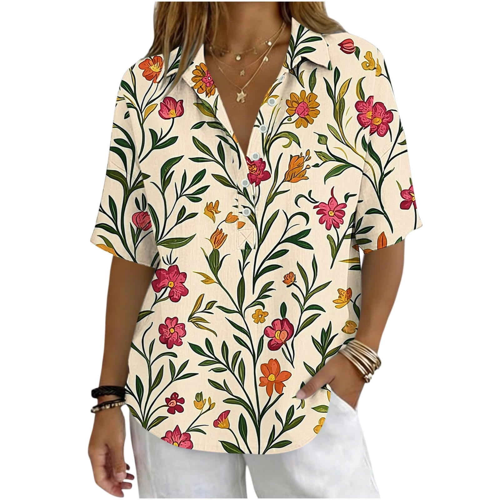 IFNWSV Womens Shirts Short Sleeve Print Bamboo Linen Lapel Collar ...