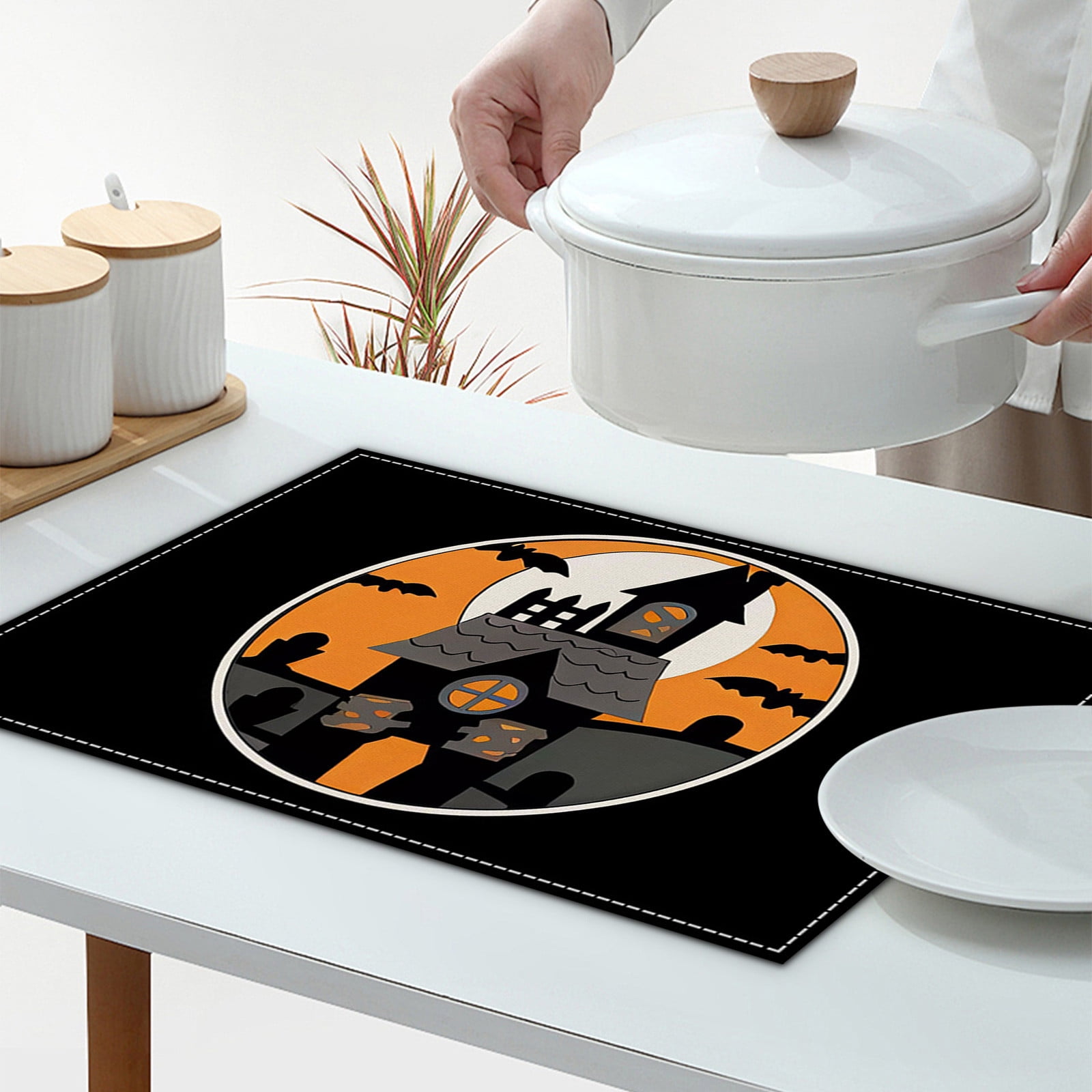 IGEED Halloween Table Placemat Set,Gothic Castle Printed Linen Mats for ...