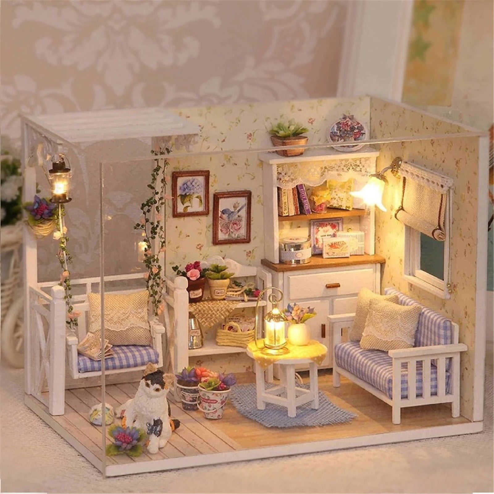 IGEED Wooden Dollhouse Miniatures DIY House Kit with Cover and LED ...