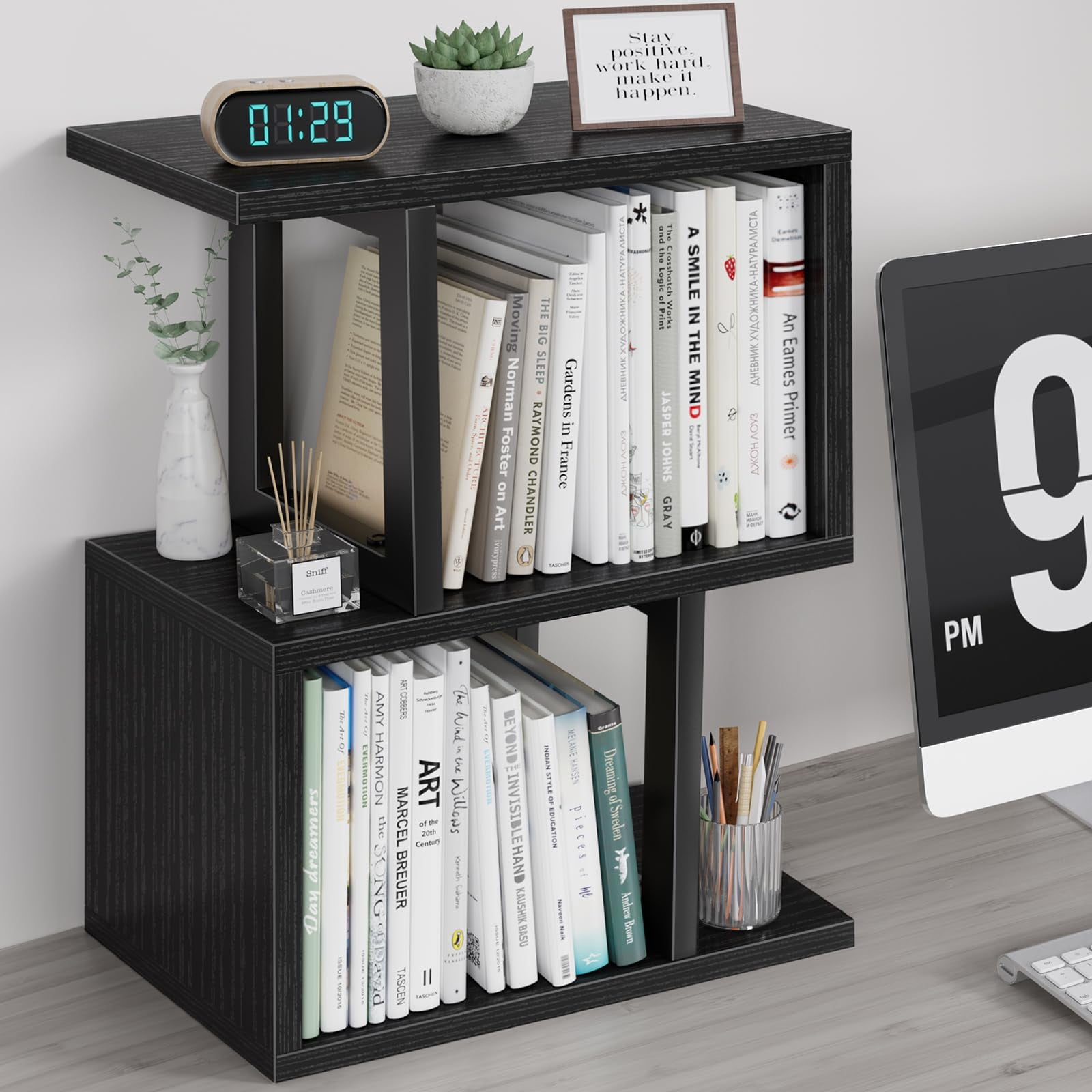 IGERI Desktop Bookshelf Shelf for Top of Desk - Black Small Organizer 3 ...