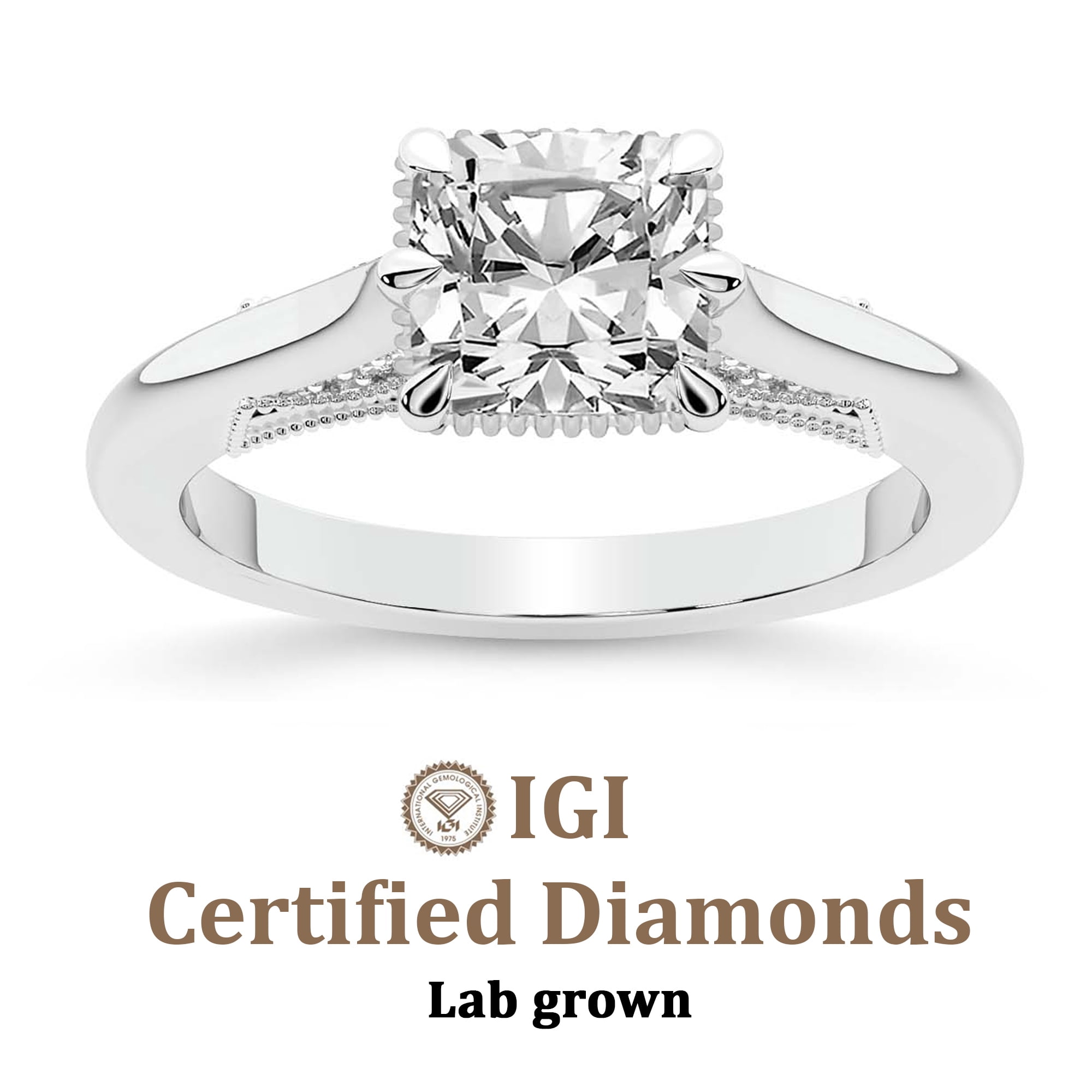 IGI Certified 1 Carat Cushion Shape Lab Grown Diamond Engagement Ring ...