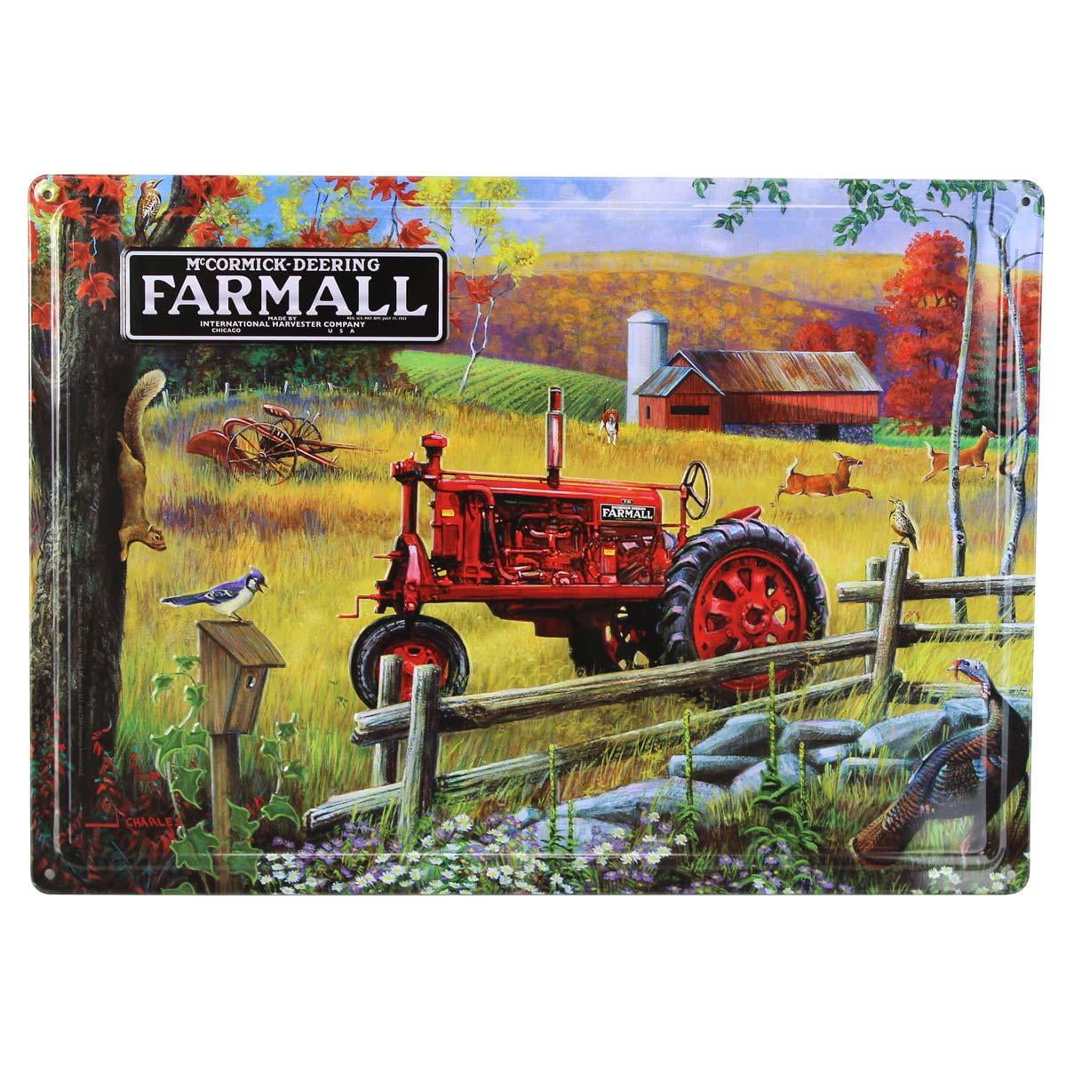 IH McCormick-Deering Farmall F Series Tractor in Fall Farm Scene Embossed Metal Sign, 16.75in x ...