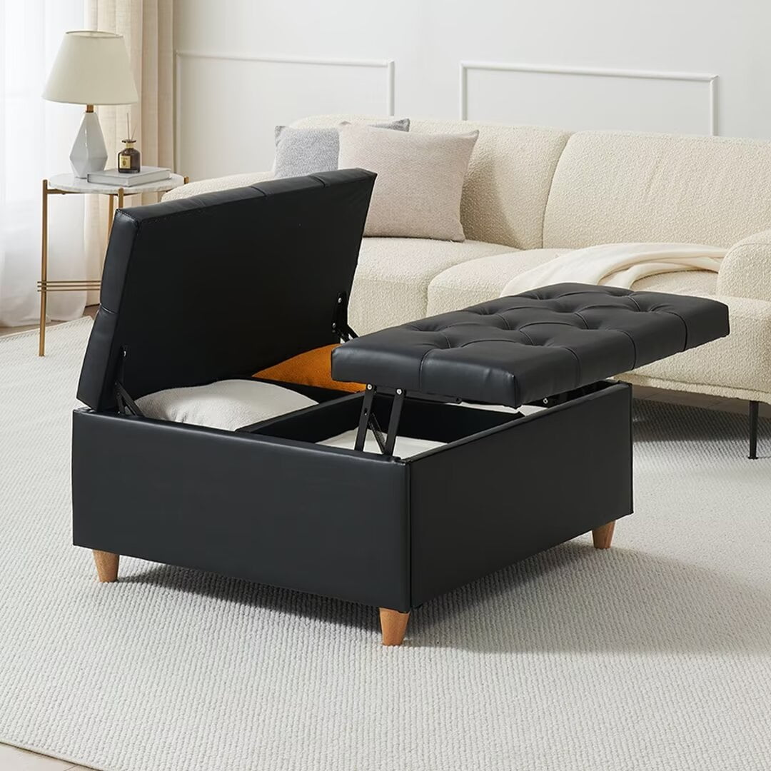 IHEX Ottoman Coffee Table, Large Square Storage and Faux Leather Fabric ...