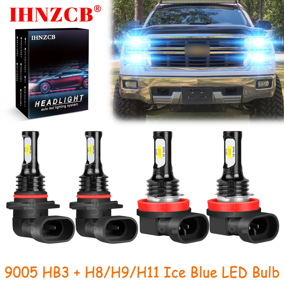 IHNZCB 9005+H8/H9/H11 for Chevy Silverado 1500 2007-2015 2019-2021 Ice Blue Led Headlights Bulb ...