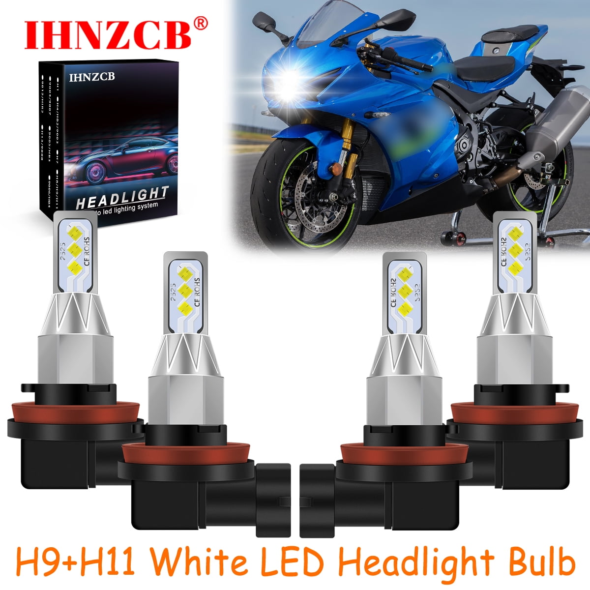 IHNZCB for Suzuki GSXR1000 2009-2016 4X H9+H11 LED Headlights Bulb High Low Beam 55W White LXB ...