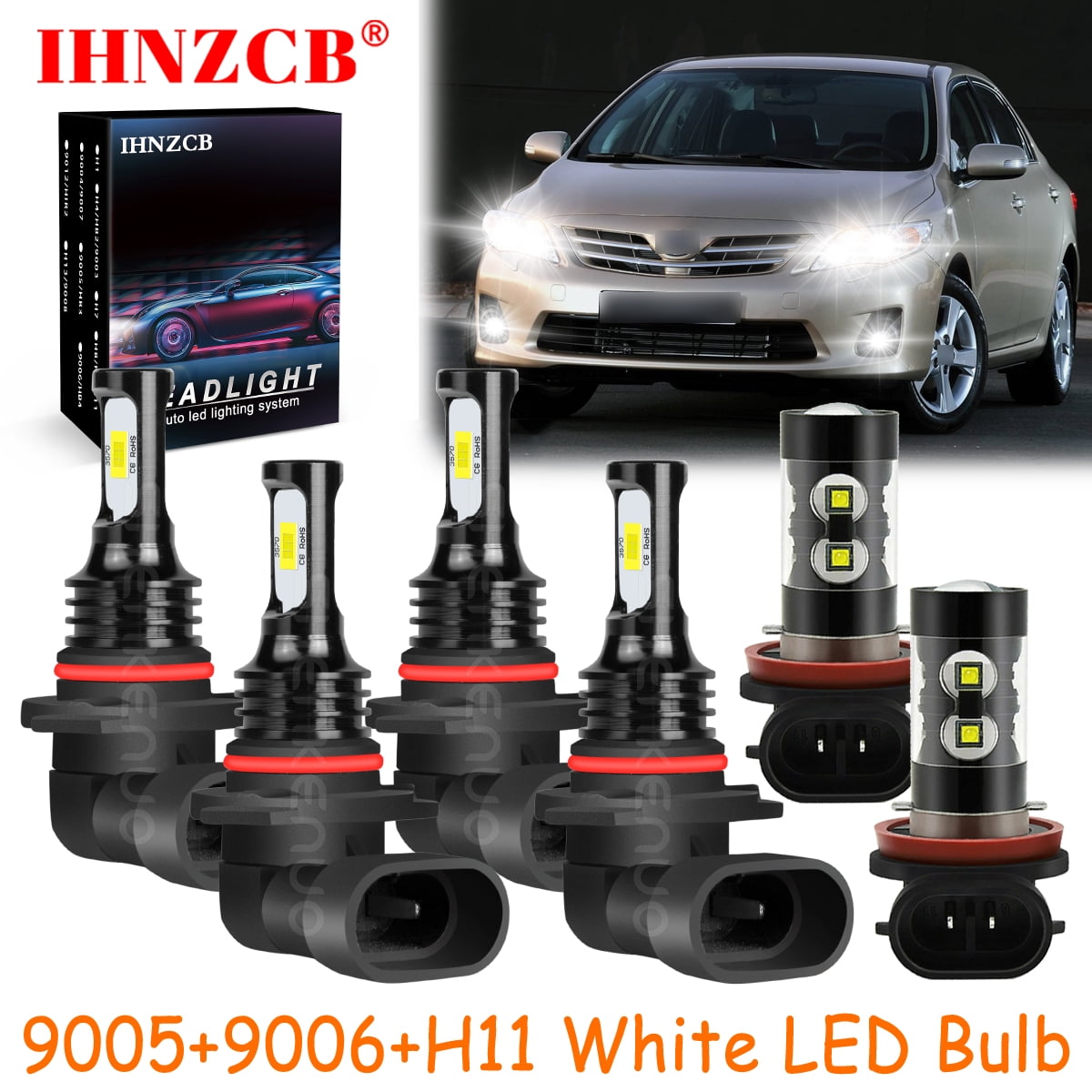 IHNZCB for Toyota Corolla 2009-2012 White Led Headlights Bulb High Low Beam Fog Light,9005+9006 ...