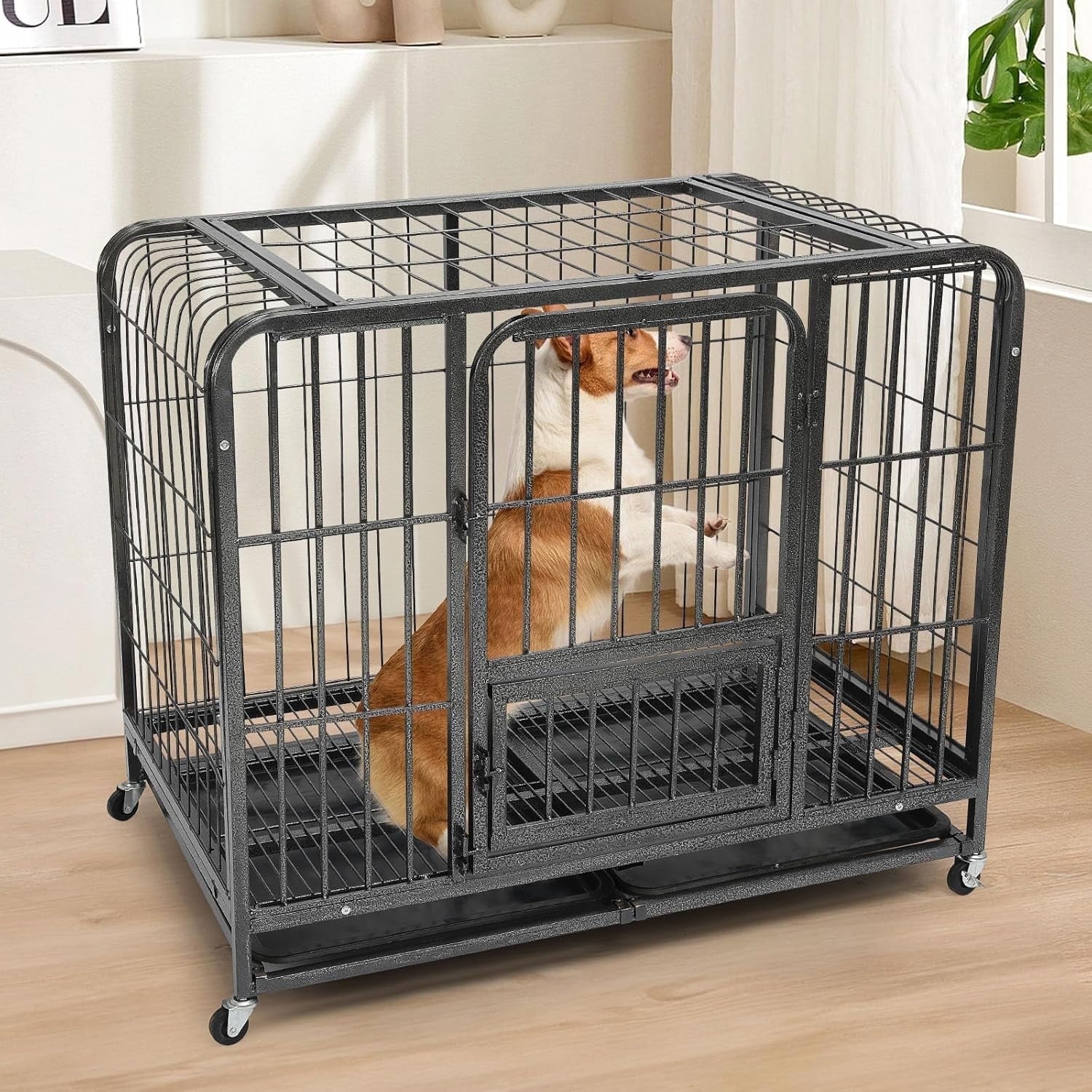 IHOMEPARK 37 inch Heavy Duty Dog Crate with 2 Lockable Wheels for ...