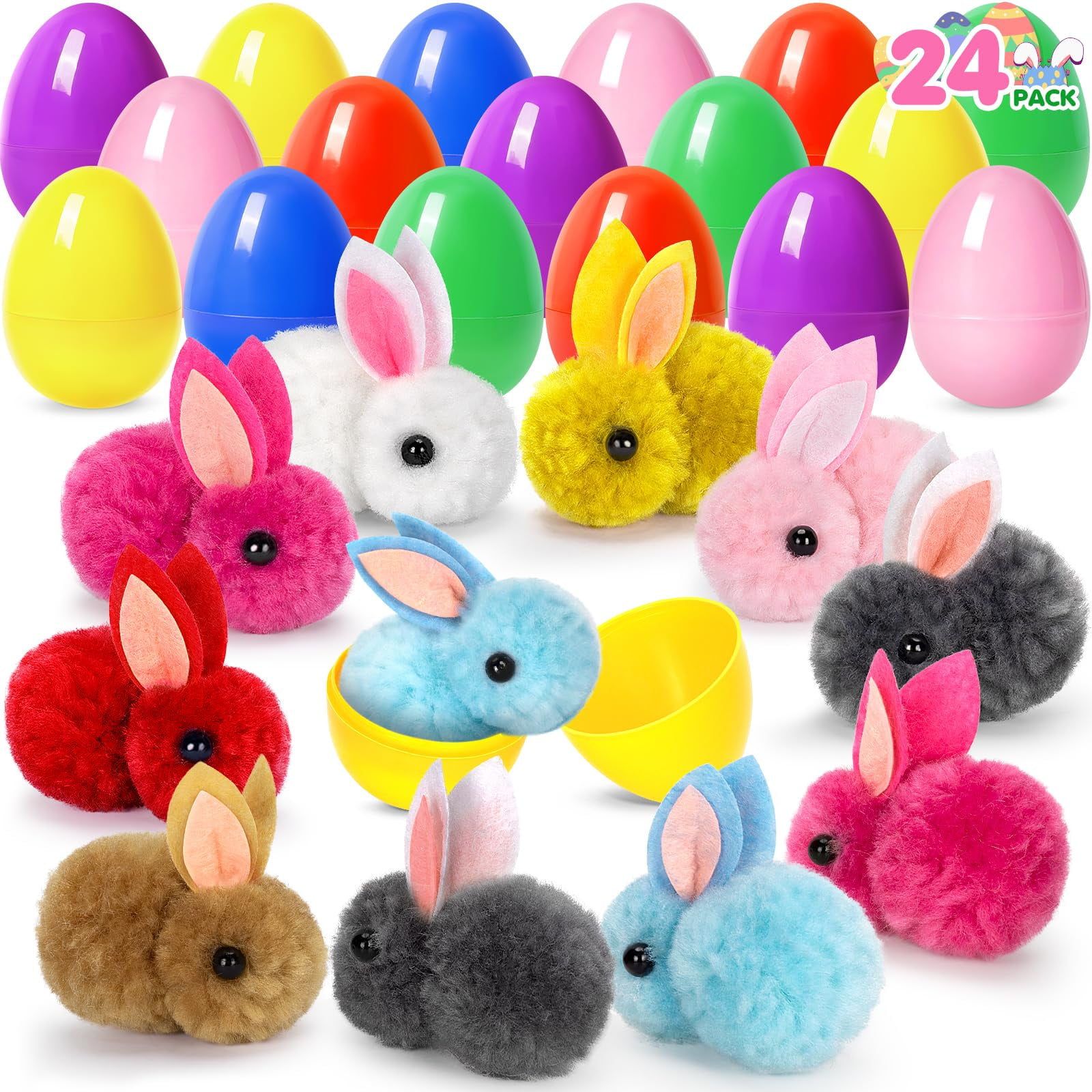 IJIGU 24 Pcs Prefilled MMF7 Easter Eggs with Mini Stuffed Bunny Plush ...
