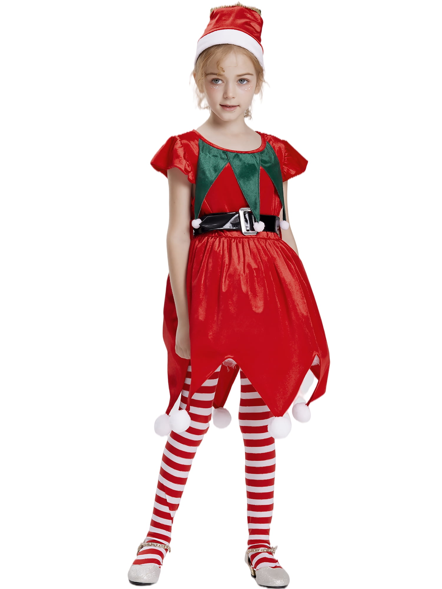 IKALI Girls Christmas Elf Costume Kids Santa Claus Helper Suit Happy ...