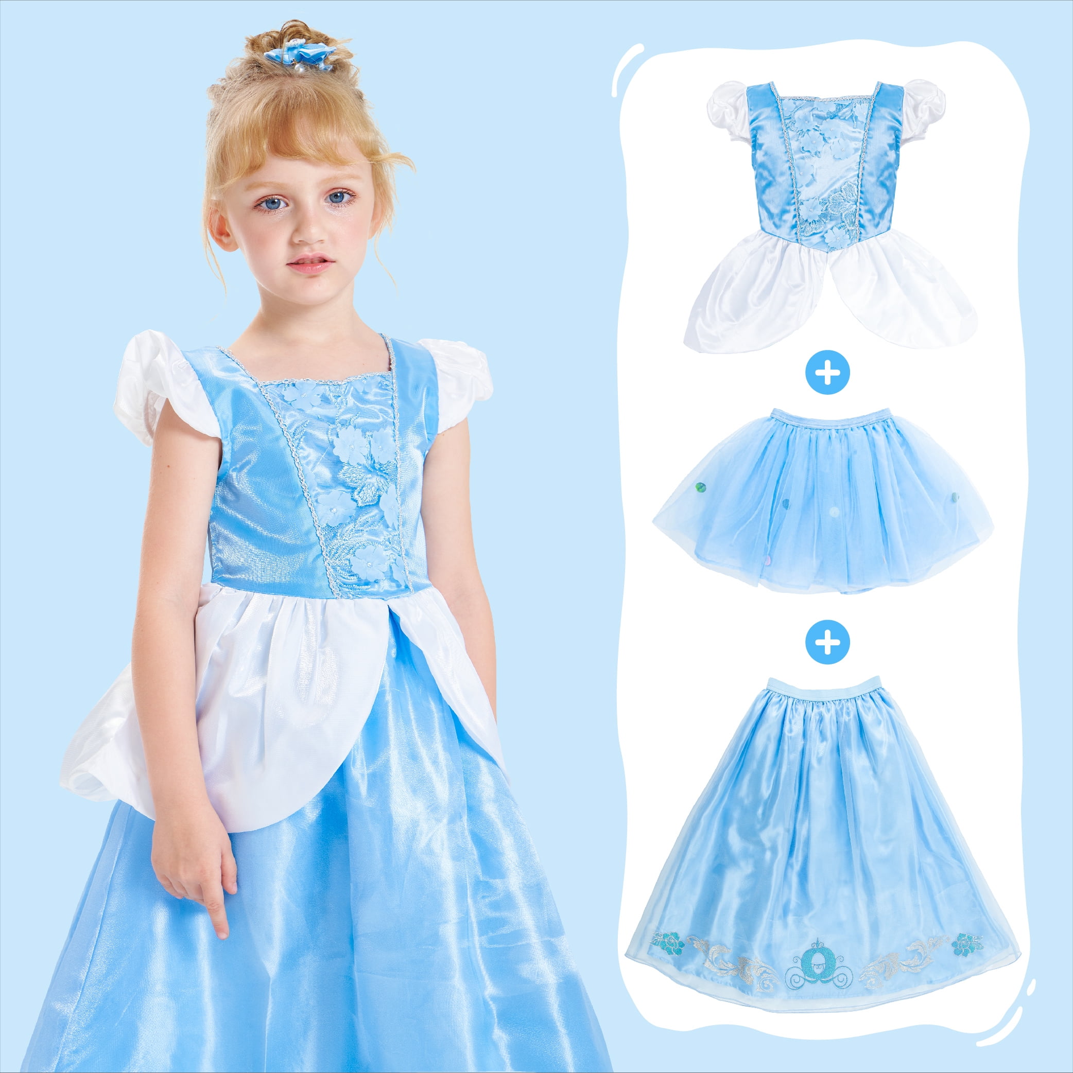 IKALI Girls Cinderella Princess Costume, Embroidery Puff Dress Set with ...