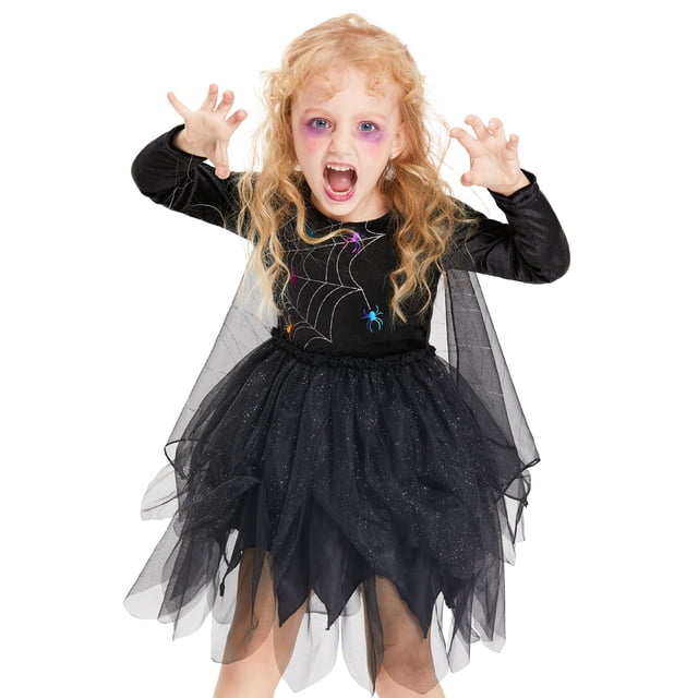 IKALI Girls Witch Costume Black with Spider Cape, Kids Gothic Fancy ...
