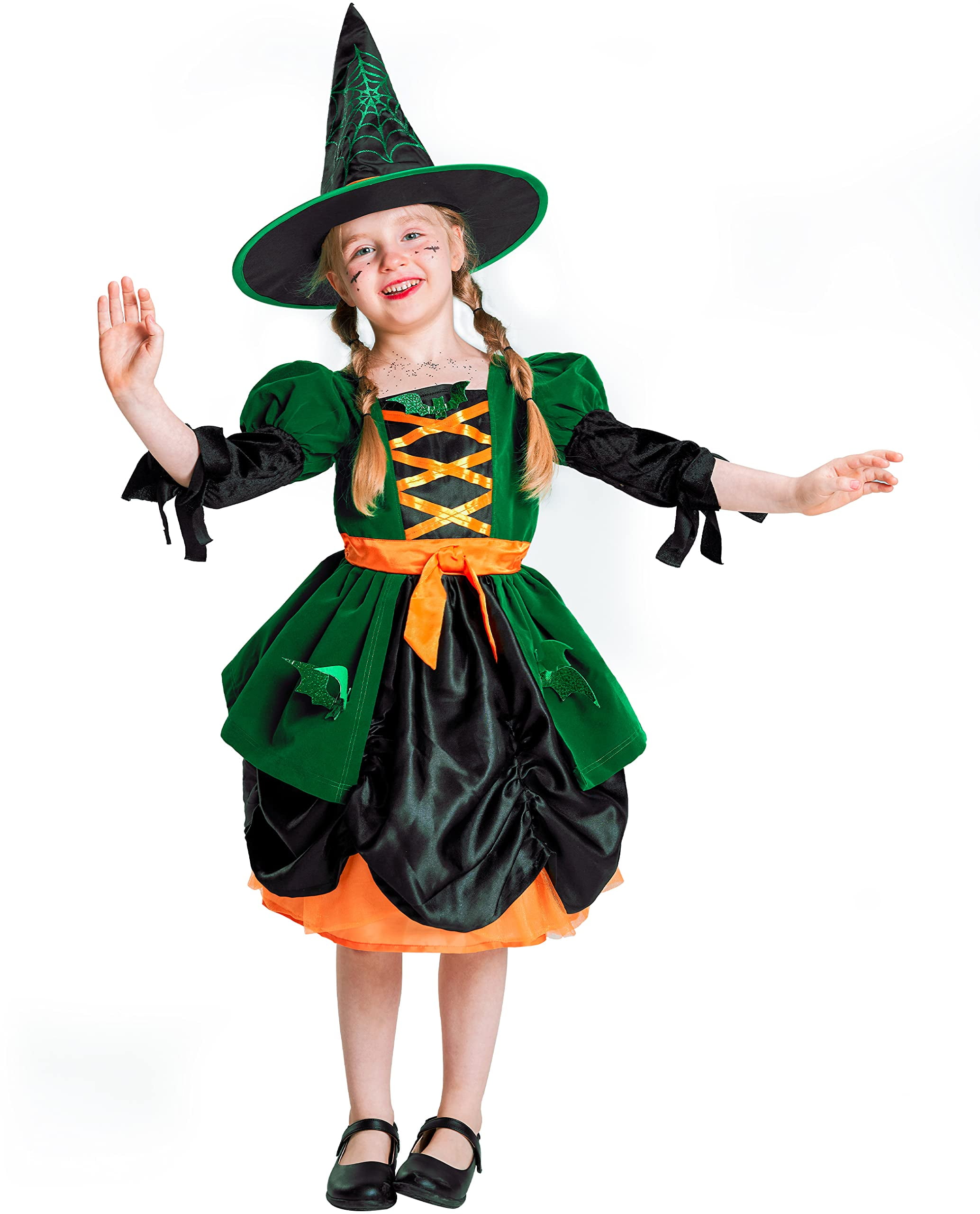 IKALI Girls Witch Costume with Hat Green, Kids Gothic Fancy Dress Up ...