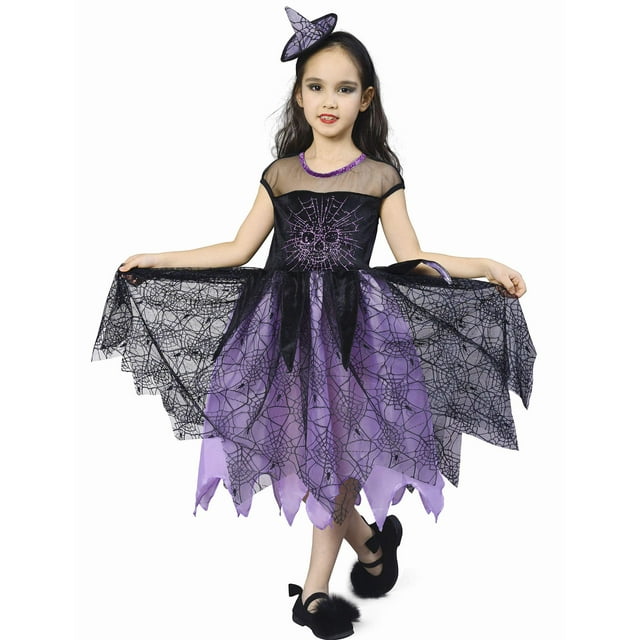 IKALI Girls Witch Costume with Minihat, Kids Spider Fancy Dress Up ...