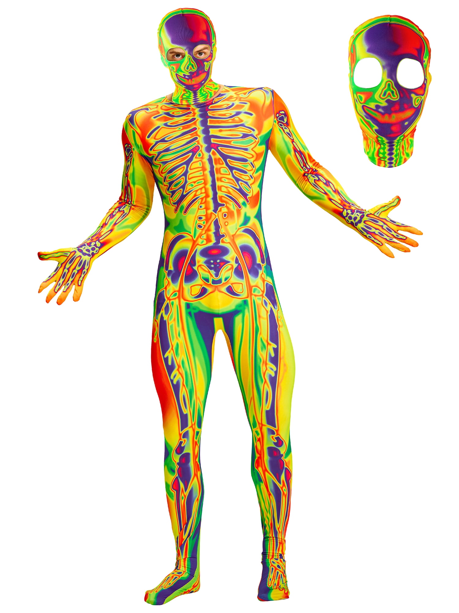 IKALI Skeleton Fancy-Dress Costume for Men with Hooded Mask for Adults ...