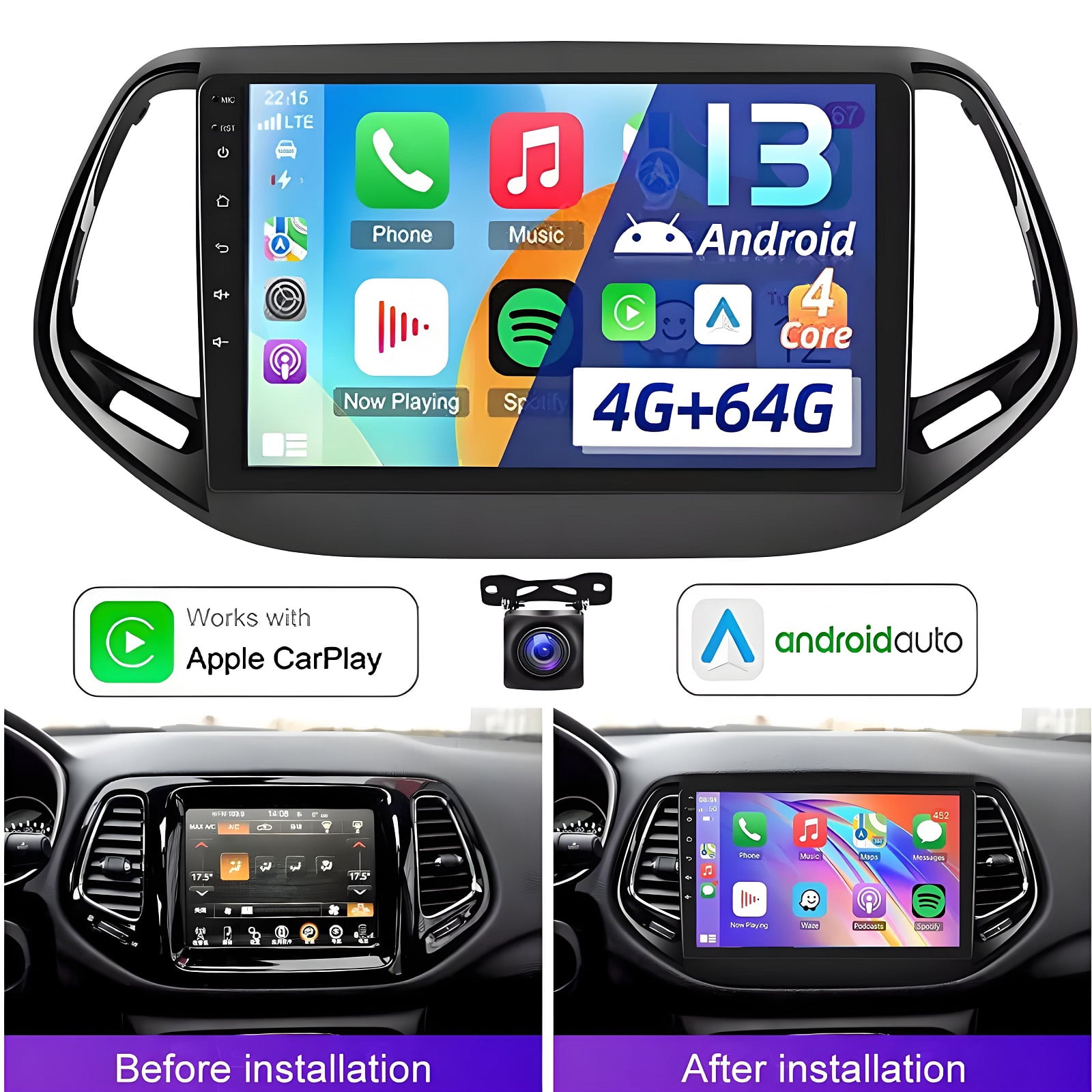 IKASEFU 9" Touch Screen Car Radio for Jeep Compass 2017-2019, 2+32GB ...