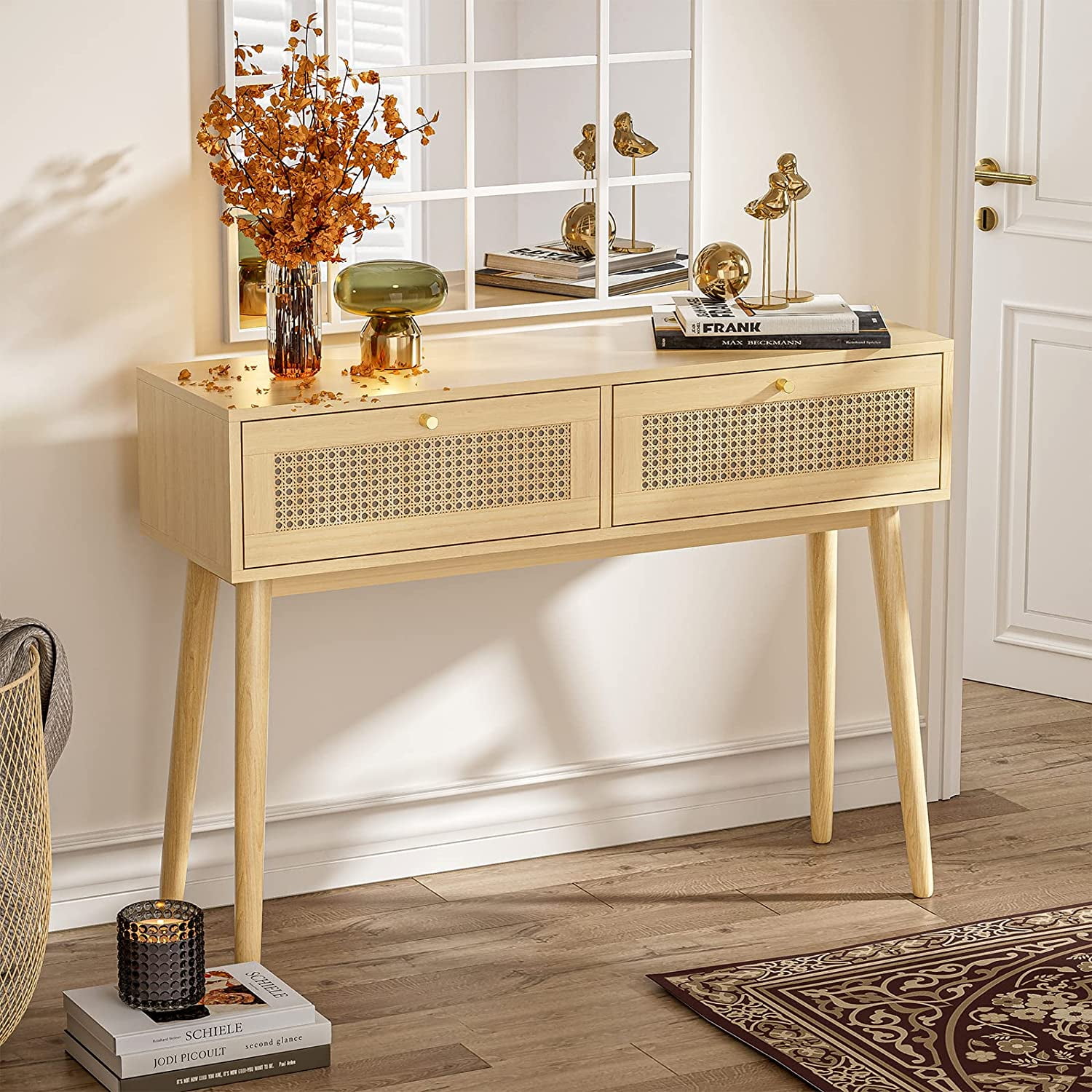 IKIFLY 39" Console Table with Rattan Drawers, Modern Narrow Entryway ...