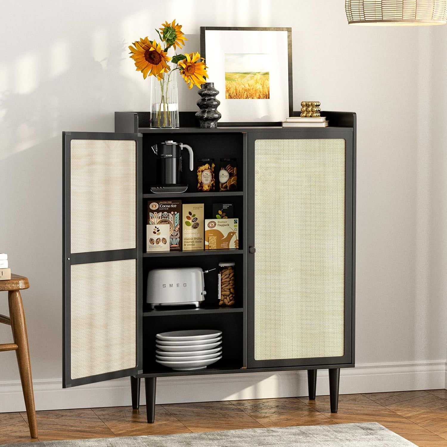 IKIFLY 49.2” H Tall Rattan Storage Cabinet, Boho Buffet Sideboard with ...